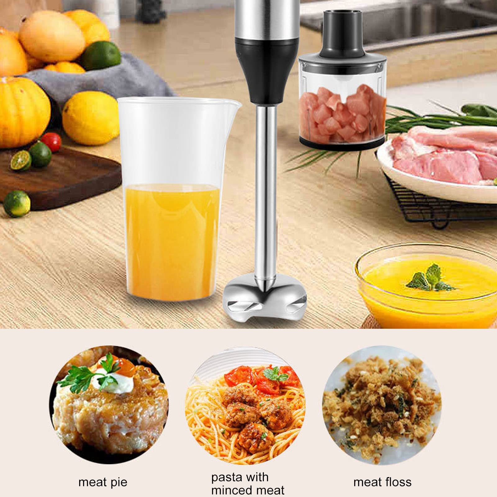 VTOSEN 4 In 1 Multifunctional Hand Blender Stainless Steel Food Processor with Mixing Cup, Meat Grinding Bowl, and US Plug 110V, Versatile Handheld Blender