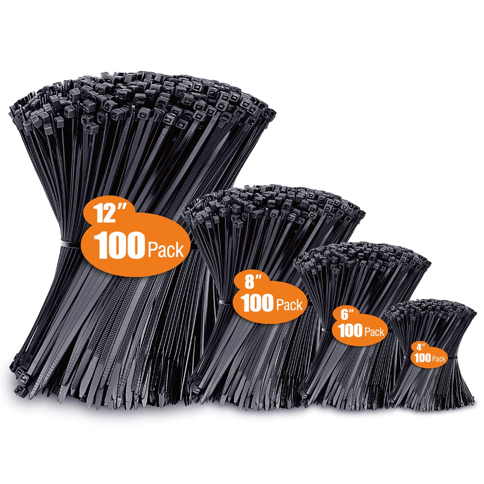Zip Ties Assorted Sizes(4β+6β+8β+12β), 400 Pack, Black Cable Ties, UV Resistant Wire Ties by ANOSON