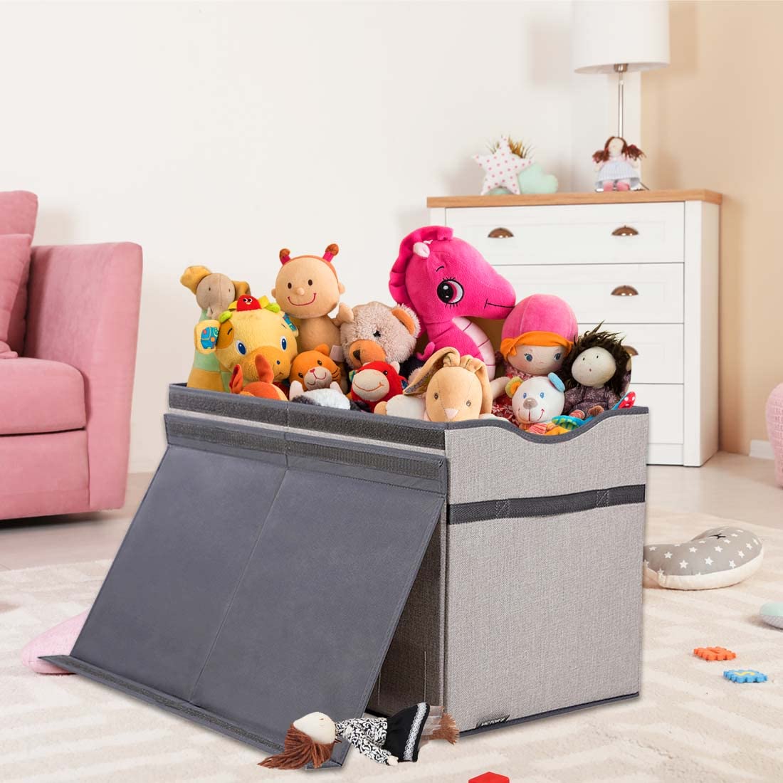 VICTOR'S Kids Toy Box Chest - 2 Pack Large Lightweight Collapsible Toy Storage Organizer Boxes Bins Baskets Thick Grey + Black, 26.8in x 13.8in x 16in