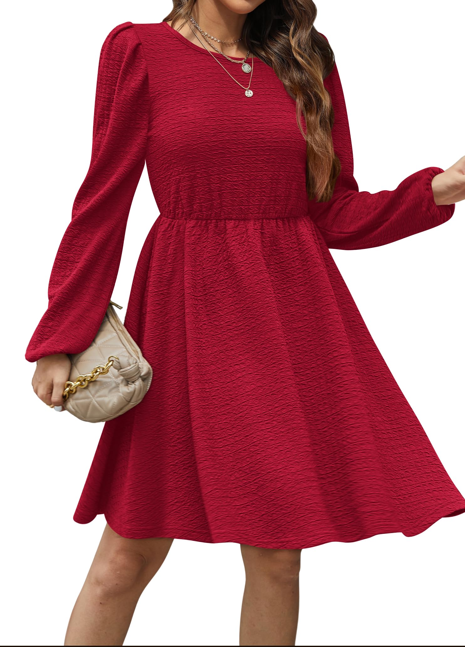 SAMPEEL Winter Womens Burgundy Dress Elegant Puff Sleeve Casual Christmas Dresses Knee Length M