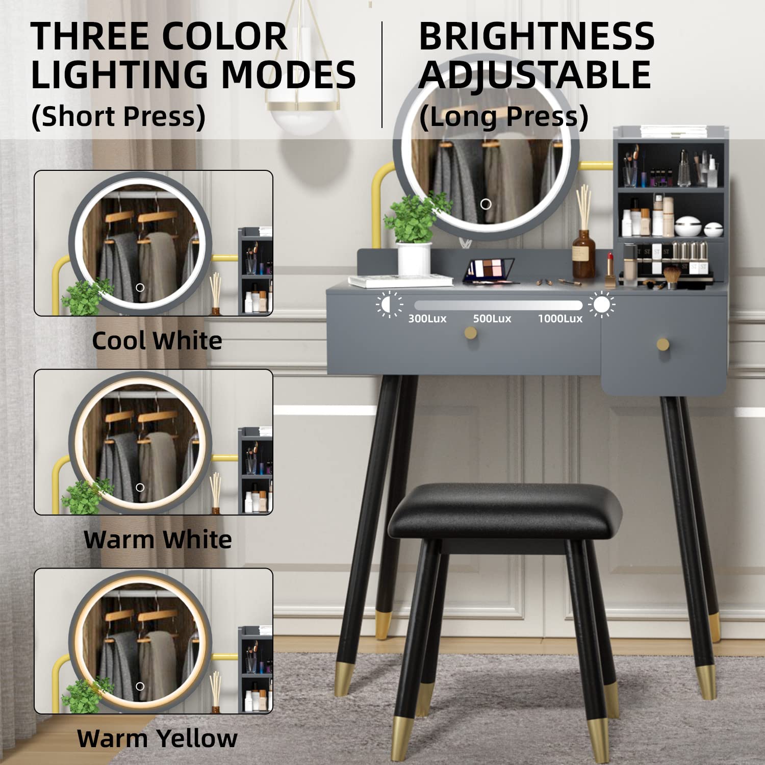 Visiblesser Vanity Desk with Mirror and Lights, 3 Color Lighting Modes Makeup Table Desk with Drawers, Make Up Vanity Table with Touch Screen Dimming Mirror, Vanity Set for Girls and Women