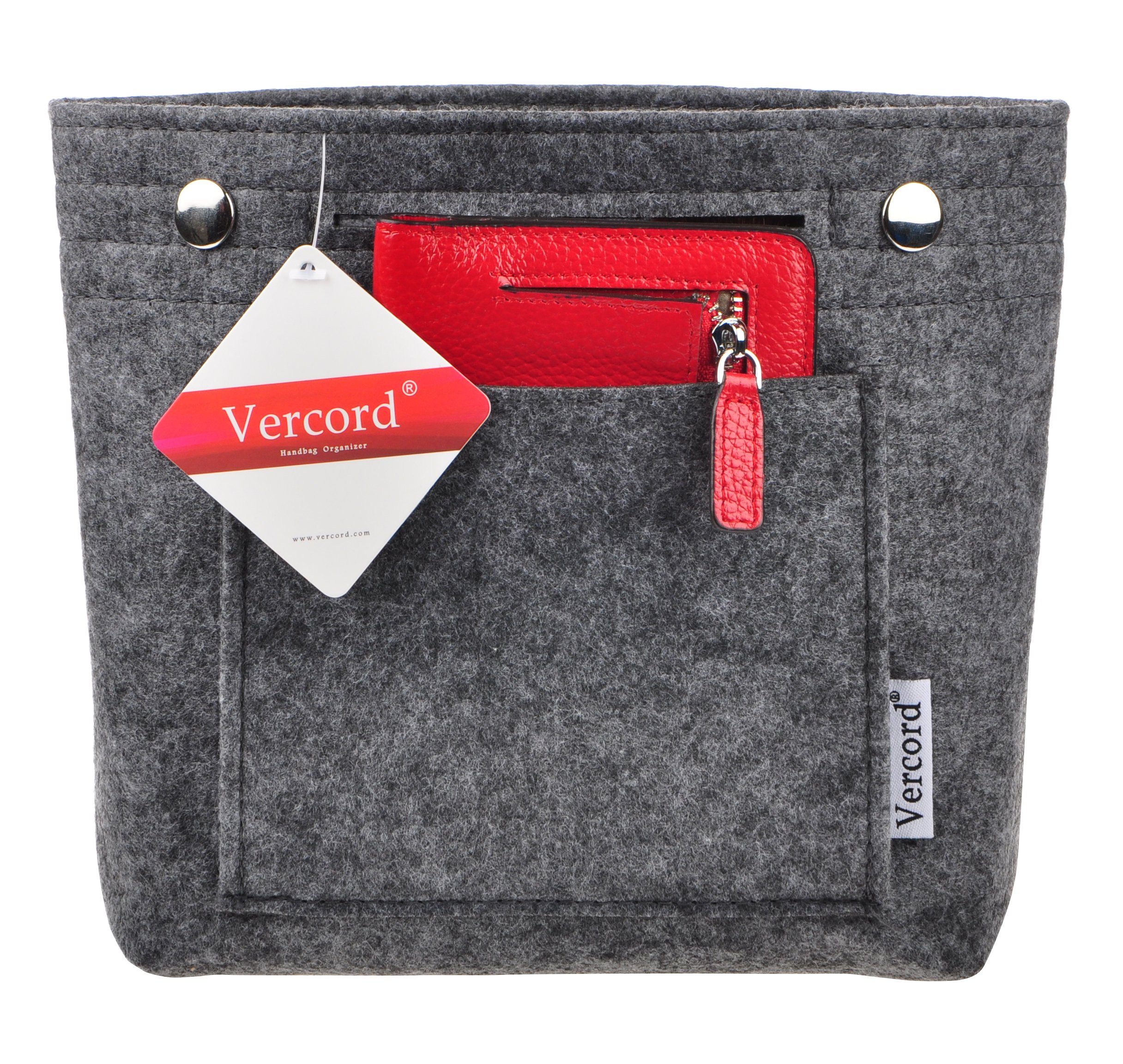 Vercord Mini Slim Small Felt Purse Organizer Insert Inside Handbag Tote Pocketbook for Women Grey