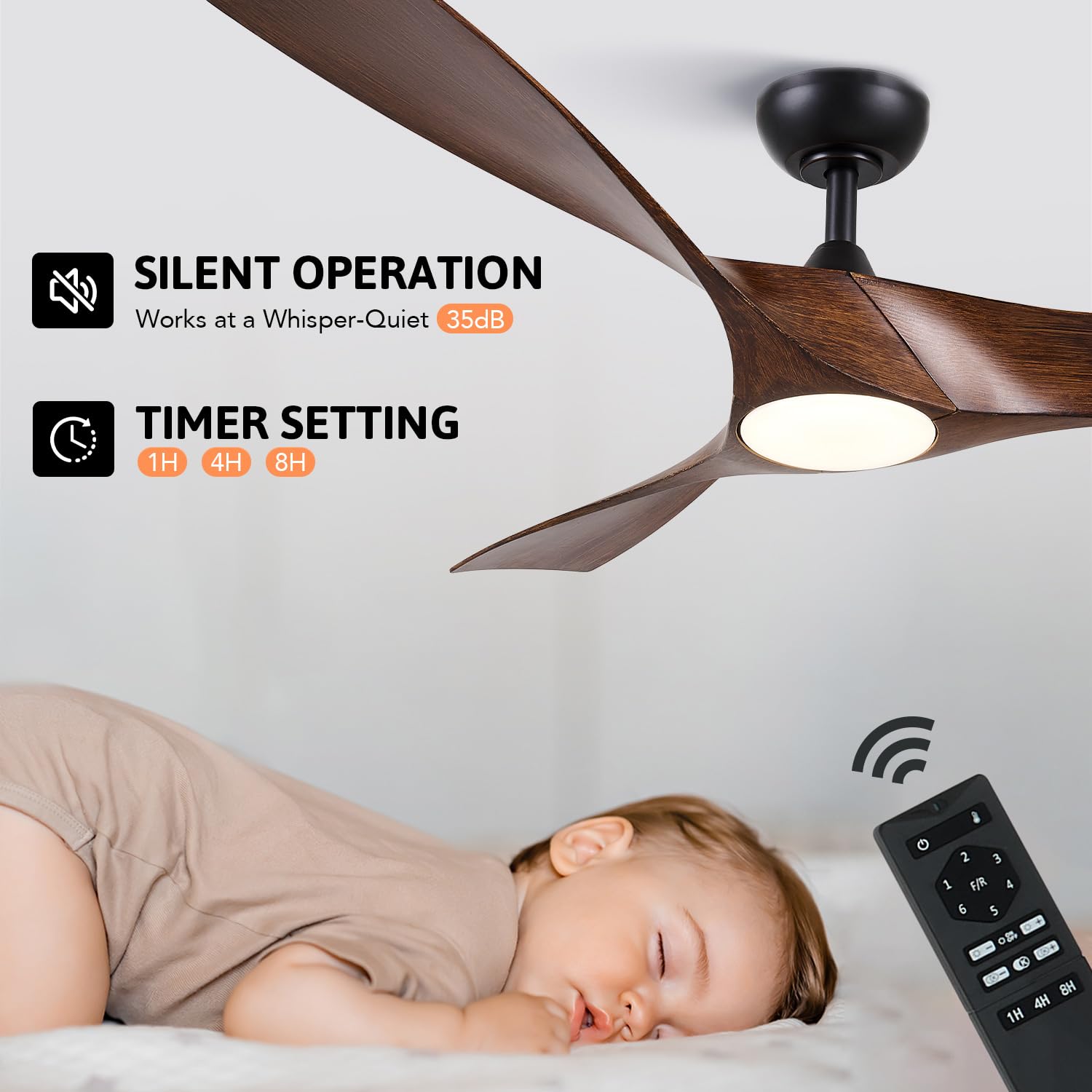 VONLUCE 52" Industrial Ceiling Fan No Light with Remote Control, Mid Century Ceiling Fans with 3 Walnut ABS Blades DC Motor, Indoor Ceiling Fan for Kitchen Bedroom Living Room, Walnut