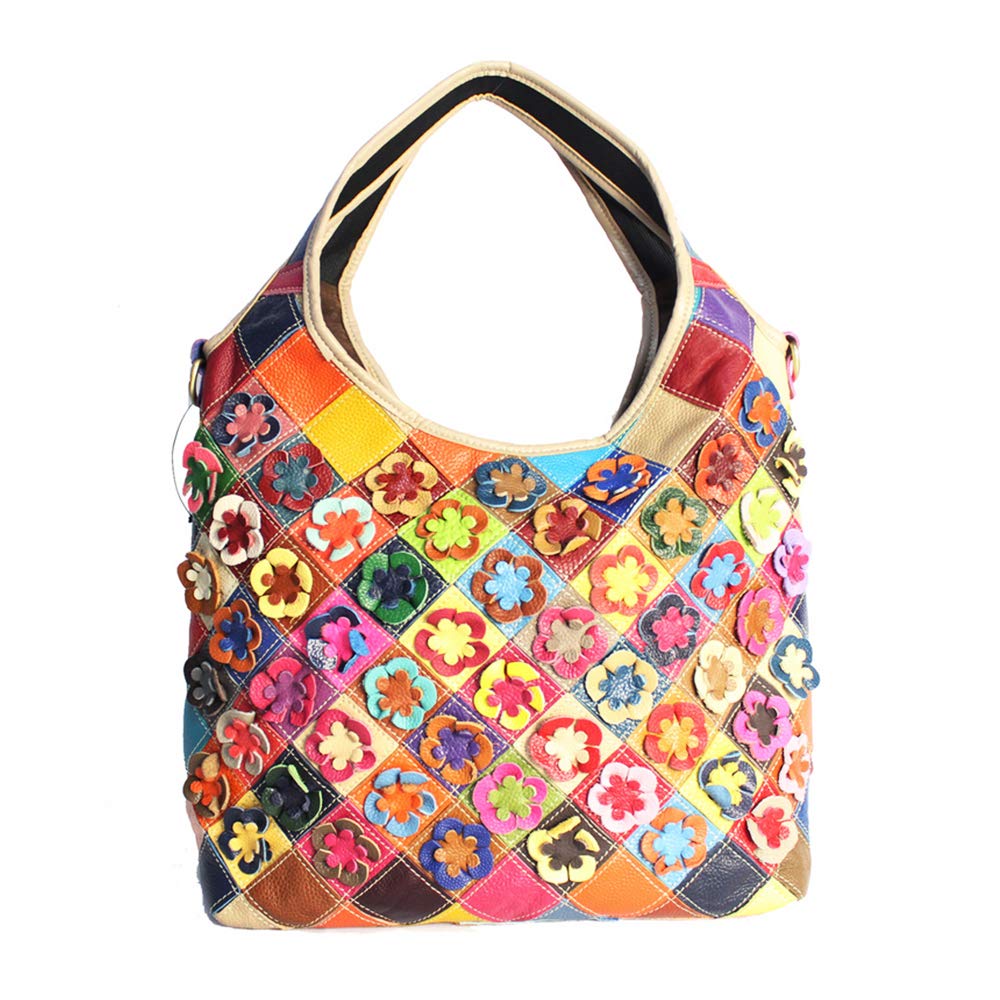 Segater® Women's Multicolor Floral Tote Bag, Vintage Cowhide Leather Handbag Flower 3D Pattern Design Shoulder Bag Ladies Travel Top-Handle Bag Colorful Purses