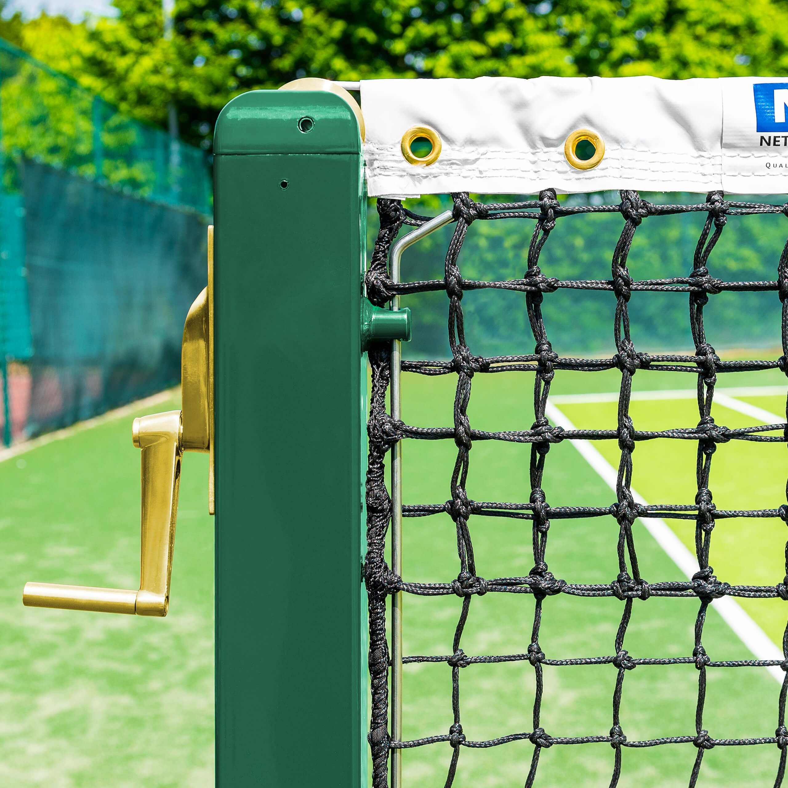 Vermont Square Tennis Posts [ITF Regulation] | 76mm Powder Coated Steel – Optional Ground Sockets (Green, with Ground Sockets)