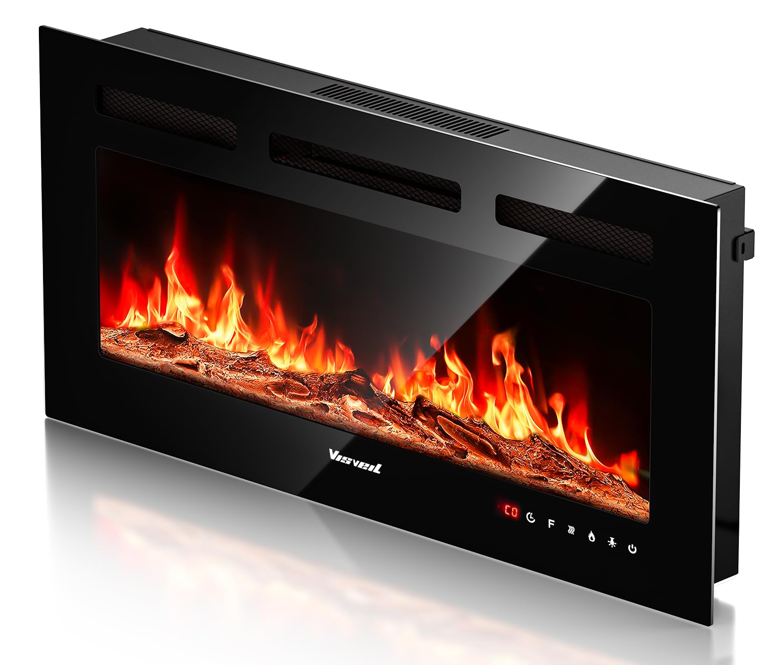 VISVEIL Electric Fireplace 36Inch,Realistic Flame Electric Fireplace Heater,Log Set/Crystal Flames 750-1500W with Timer Inserts/Wall Mounted/TV Stand Touch Screen & Remote for Living Room Easy Install