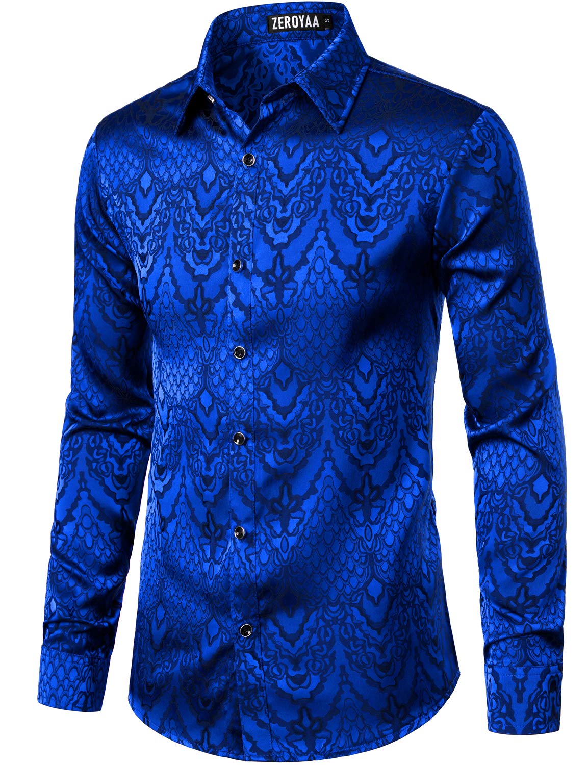 ZEROYAA Men's Hipster Slim Fit Long Sleeve Gothic Jacquard Button Up Dress Shirts for Party Prom ZLCL32-Royal Blue Large