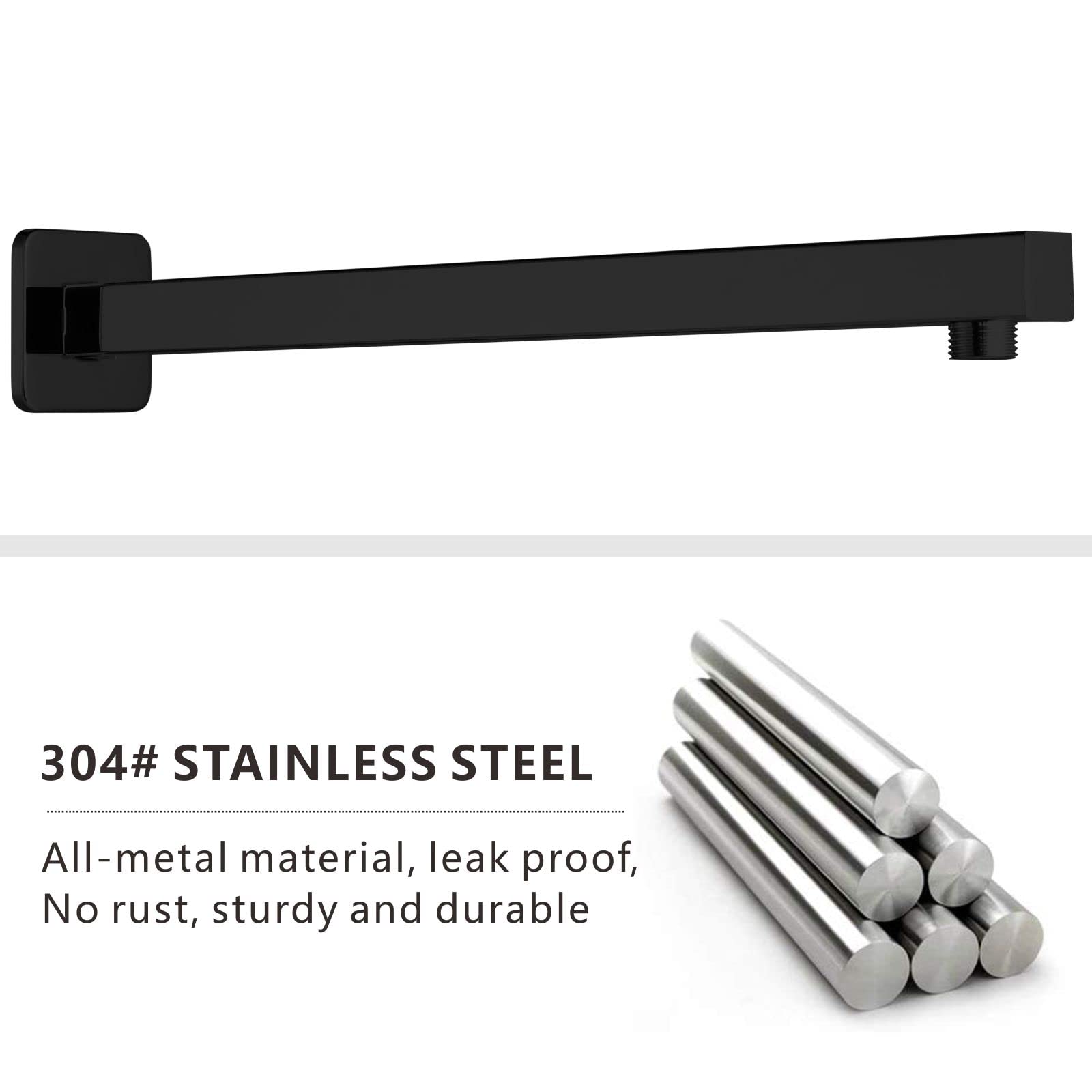 Voolan 20“ Square Shower Arm with Flange and Teflon Tape, Extension Shower Head Arm for Bathroom Fixed Shower Head, Solid Stainless Steel, Wall Mounted (Black)