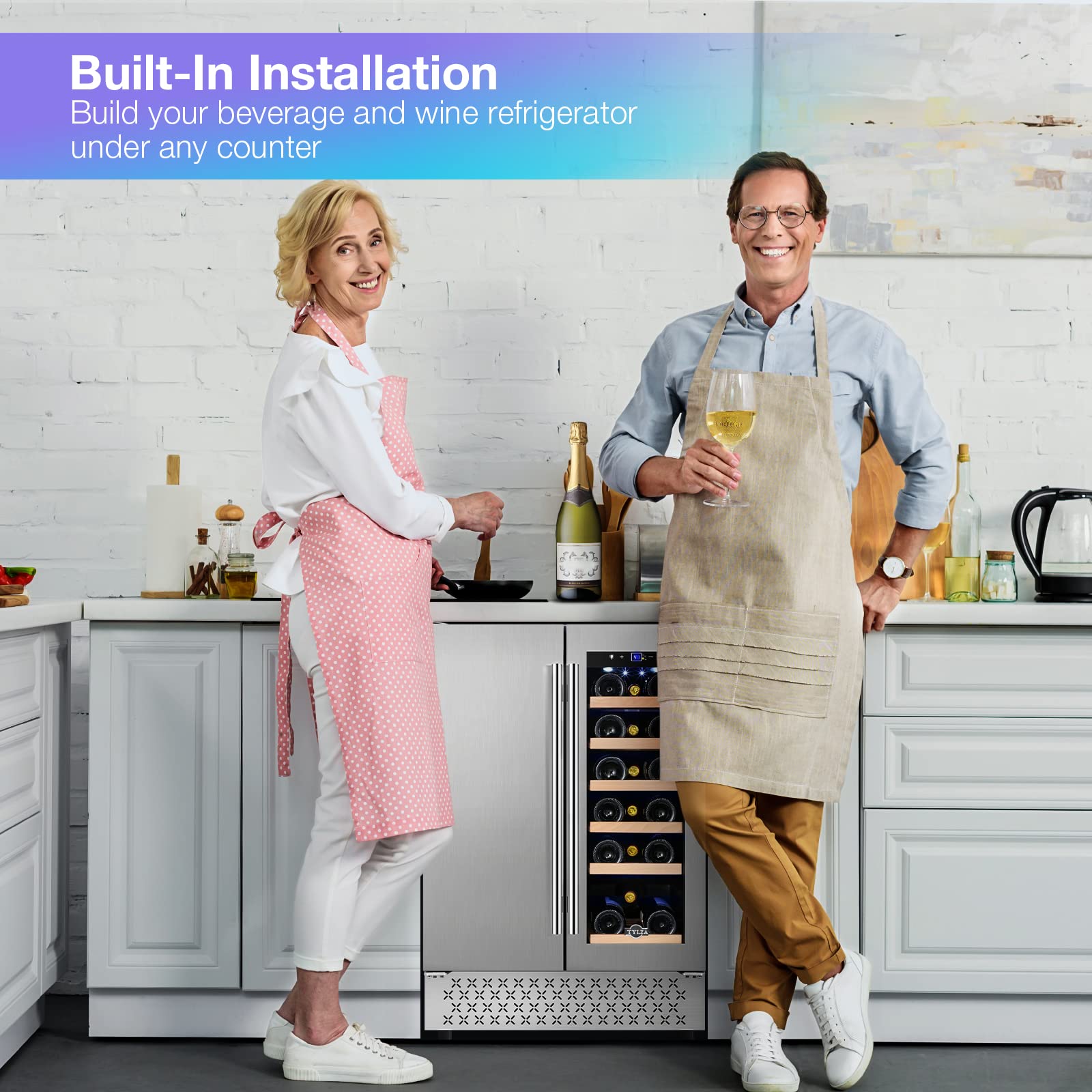 Tylza Wine and Beverage Refrigerator, 24 inch Dual Zone Wine Beverage Cooler Built-in and Freestanding, with Seamless Stainless Steel Door Quick Cooling Under Counter Beer Wine refrigerator TYBC120-2