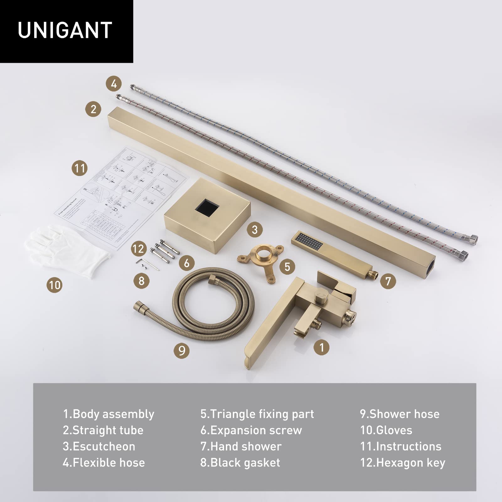 Waterfall Tub Filler Freestanding Bathtub Faucet Brushed gold Floor Mount Brass Single Handle tub Faucets with Hand Shower