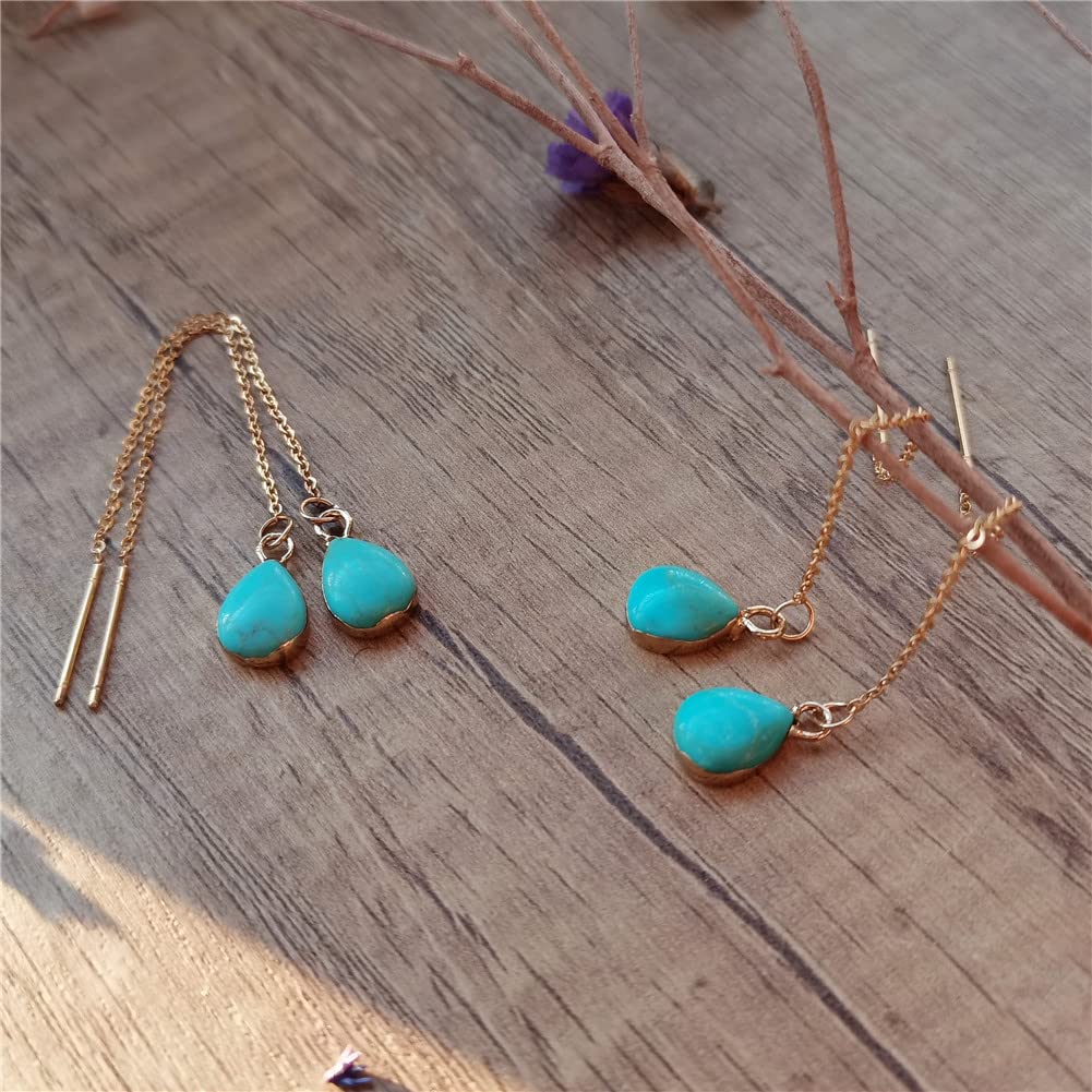ZENGORI 1 Pair Gold Plated Teardrop Natural Turquoise Ear Threader Drop Dangle Earrings 3.5" G1345