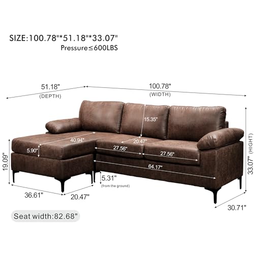 XIZZI Convertible Sectional Sofa Couch L Shaped Sofa 3-Seat Couch with Reversible Chaise for Living Room,L Shaped 97 inches Dark Brown