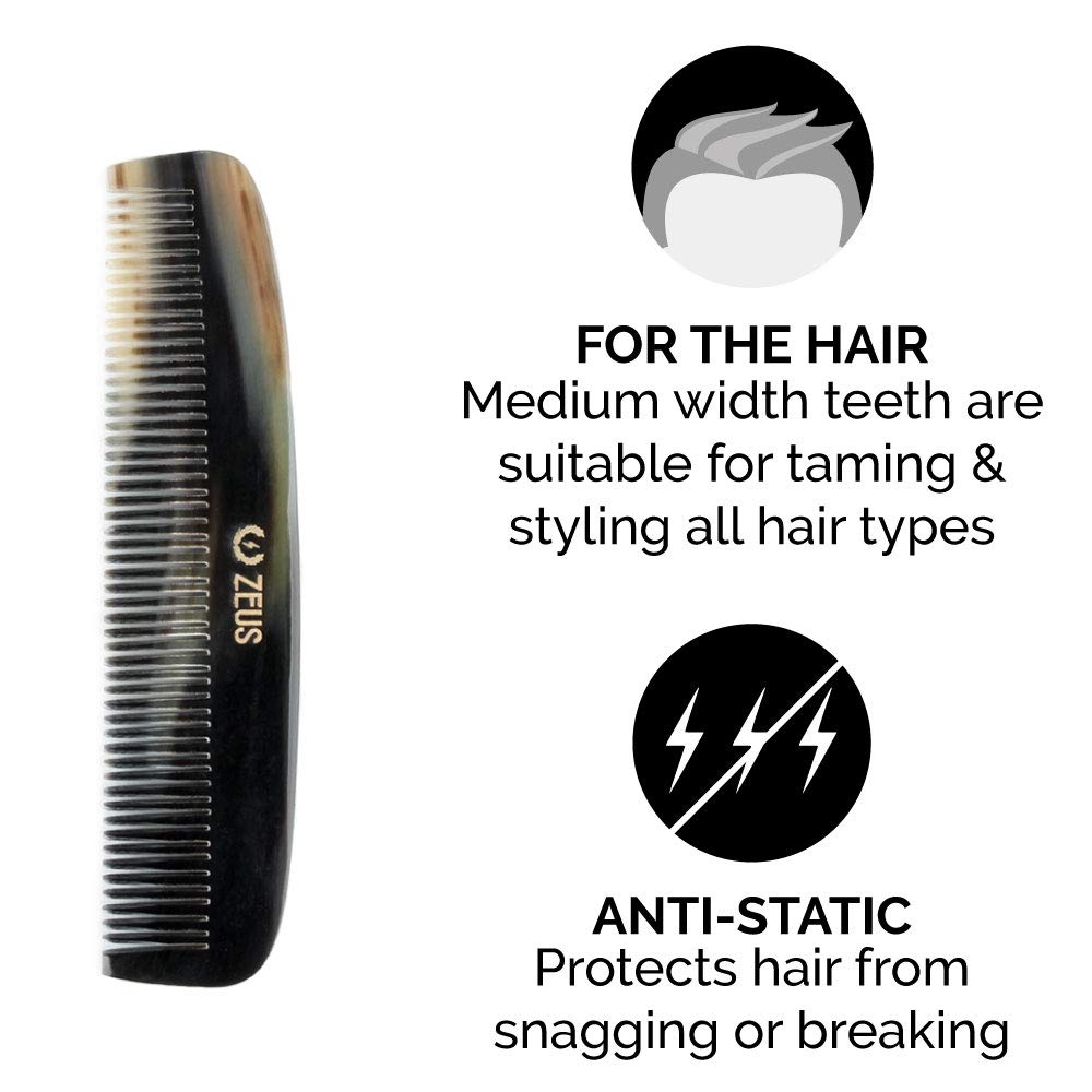 ZEUS Handmade Anti-Static Natural Horn Comb Set for Mustache, Beard, and Hair - Best 3 Piece Set - Medium and Fine Teeth
