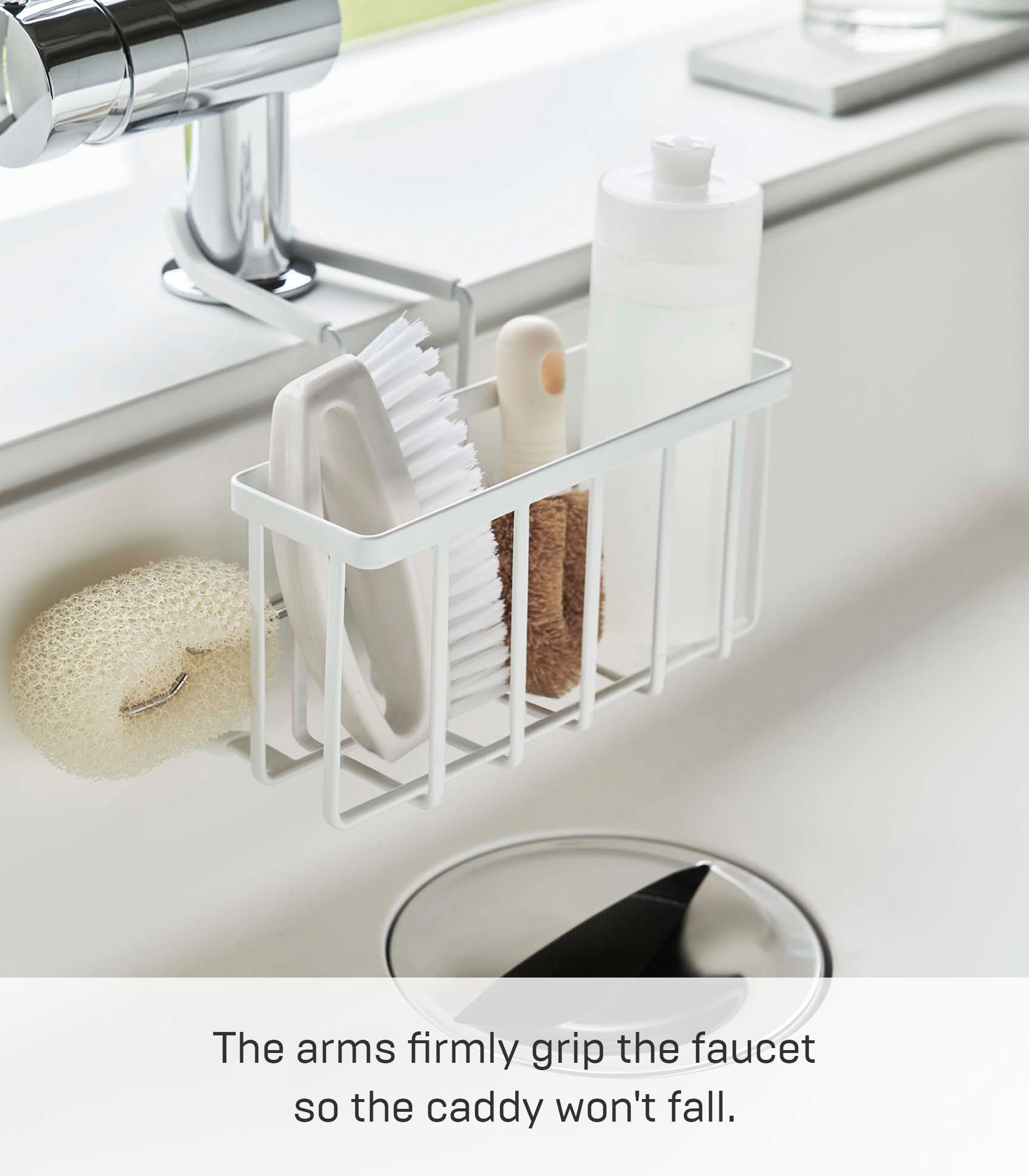 YAMAZAKI Home Faucet-Hanging Sponge Caddy Kitchen Sink Dish Soap Bottle Brush Scrubber Organizer Holder, Metal with Silicone Protection | Steel, One Size, White