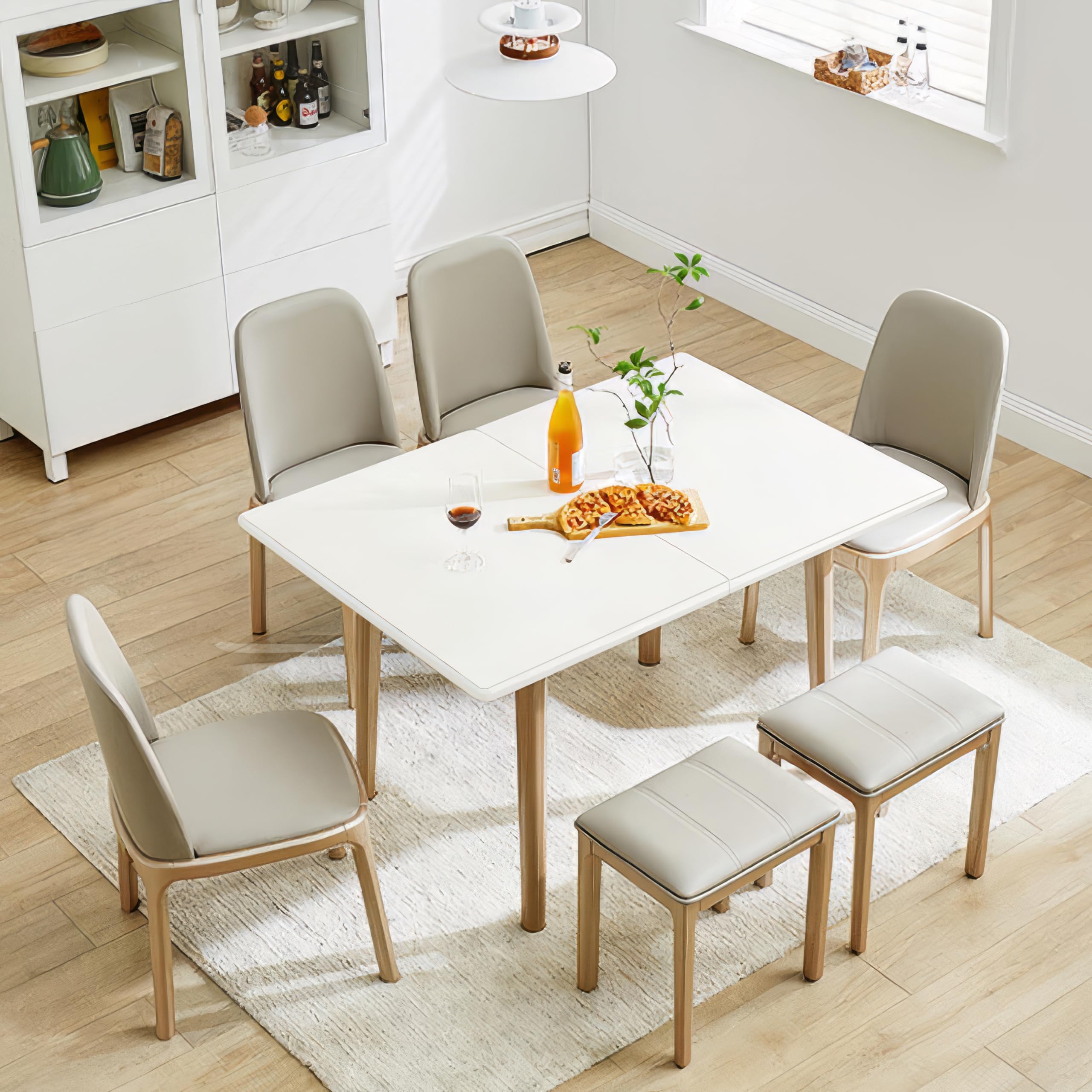 Rukulin 47" Multifunctional Wooden Foldable Dining Table with Thai Oak Legs, Modern Space Saving Kitchen Table for Living Room (White, 47" W x 35.4" D x 29" H)