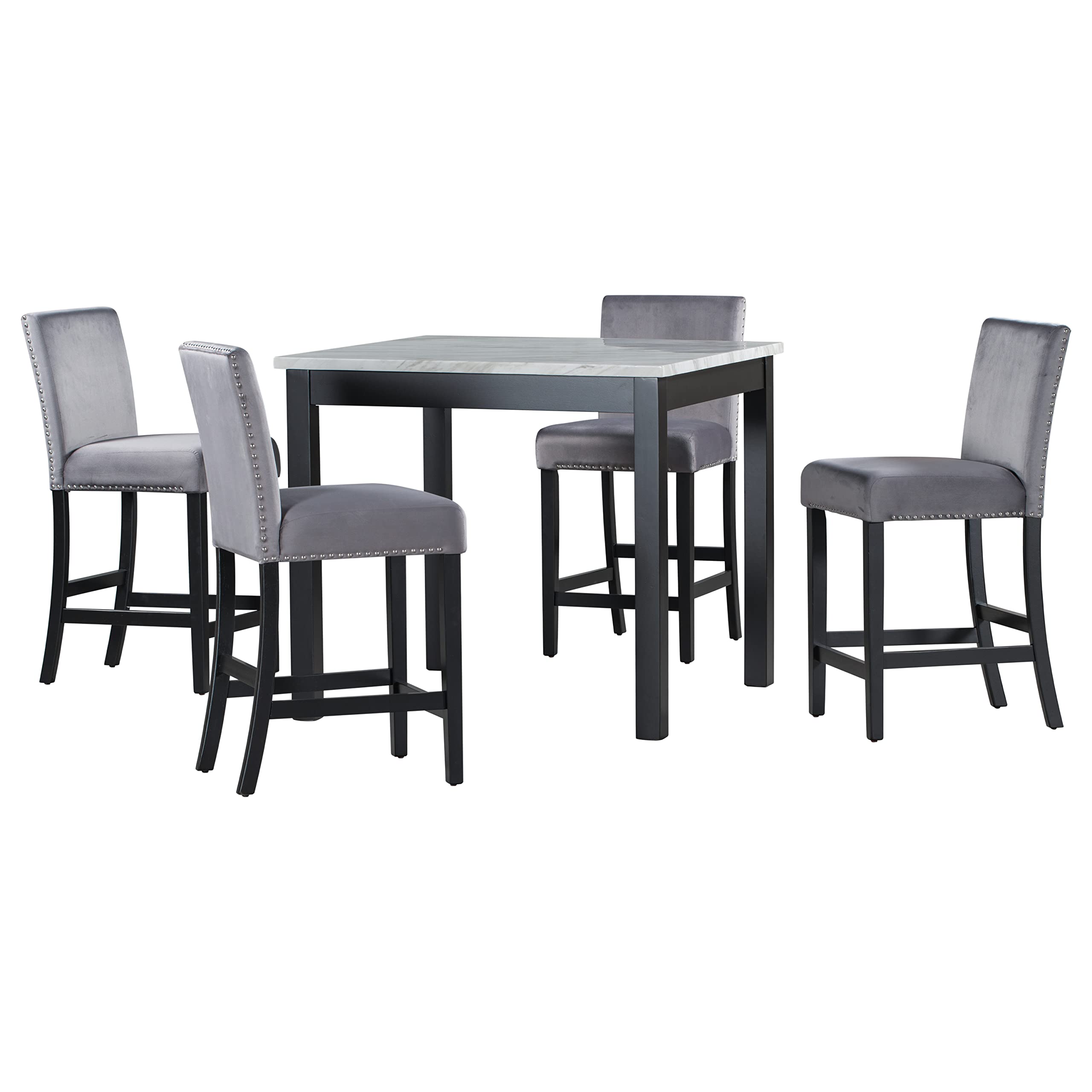 WOZNLA 5-Piece Counter Height Dining Set for 4, Square Faux Marble Table with 4 Comfortable Upholstered Chairs for Kitchen and Living Room, Gray
