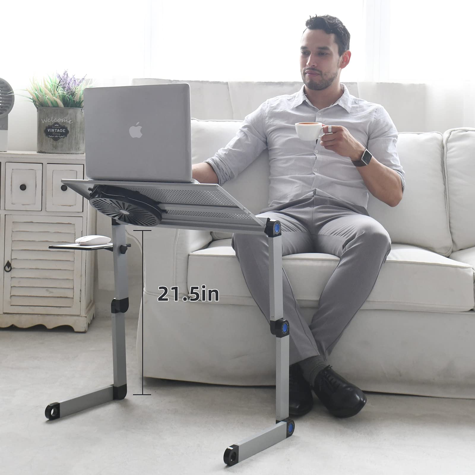 Upgraded Aluminum Laptop Stand Adjustable with Cooling Fan and Mouse Pad, Reinforced Ergonomic Lap Desk Foldable Portable Computer Table for Bed Sofa Couch Office (Extra Wide Tray: 19", Silver)
