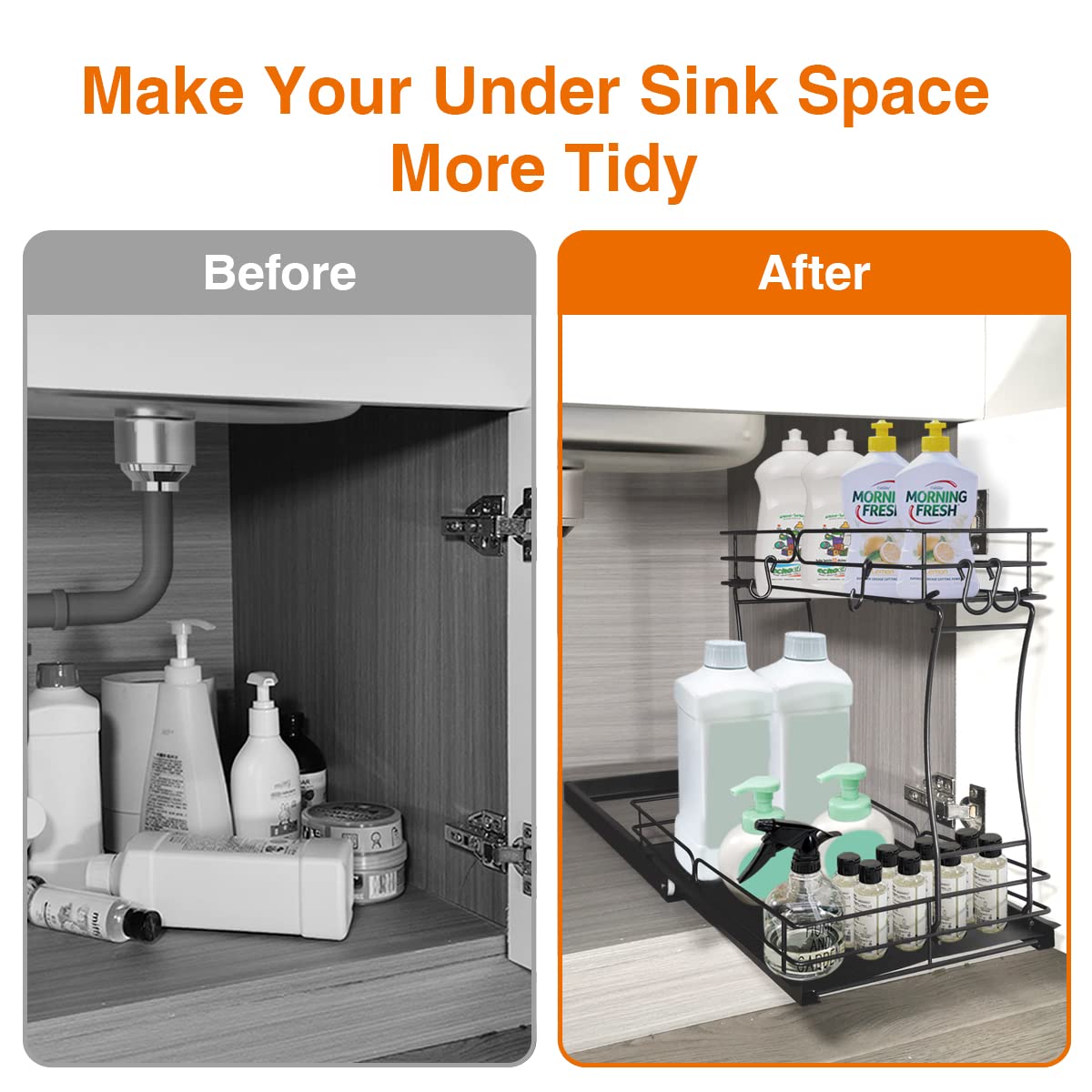 YANCONGLIDEYAN Pull Out Cabinet Organizer 2 Tier Under Sink Cabinet Organizer Storage Shelf with Sliding Storage Basket for Kitchen Bathroom Laundry Room, Request at Least 11 inch Cabinet Opening