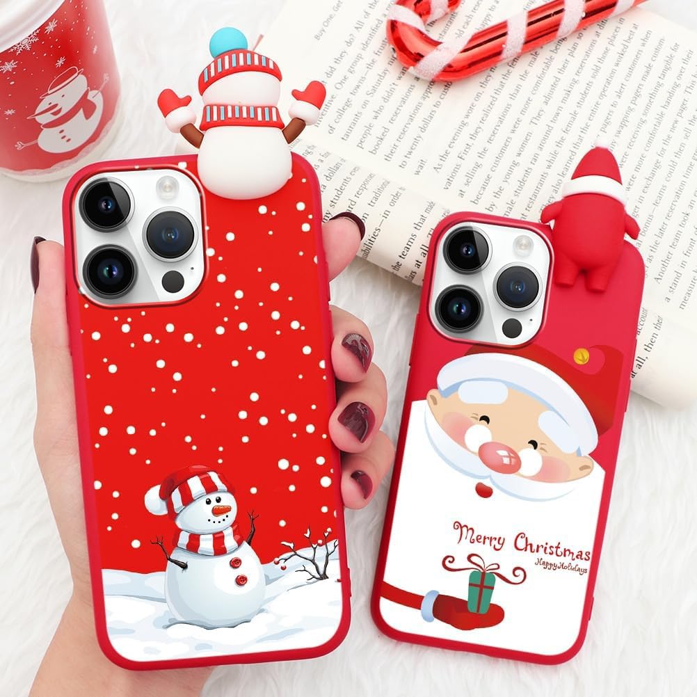 RUMDEY 2 Pack Cute Christmas Case for iPhone 13 Pro MaxInch,Red 3D Doll Snowman Elk Merry Christmas Pattern Soft Silicone TPU Pretty Flexible Protective Funda for Kid Girls Women