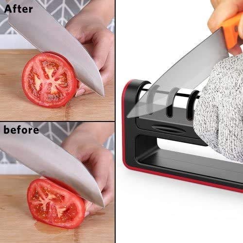 Upgraded Kitchen Knife Sharpener, Ulwae 3-Stage Knife Sharpener to Restore Non-Serrated Knife Blades Quickly, Safely, and Easy to Use for Kitchen, Camping, Hiking and Household Use Red-Black