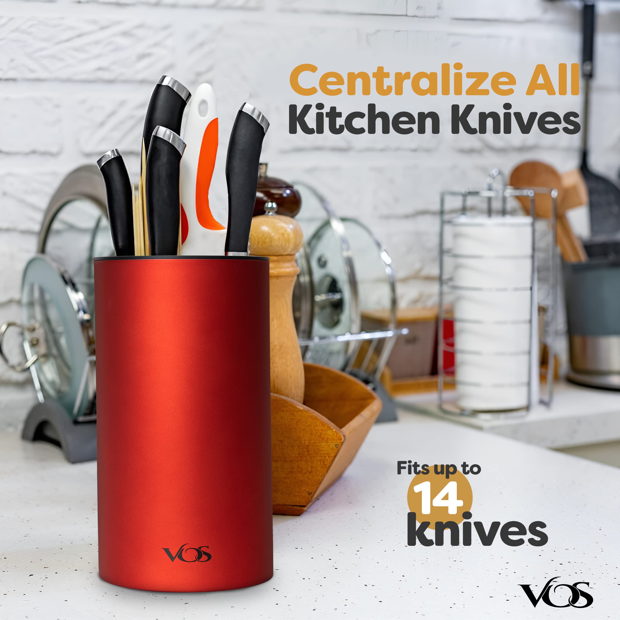 Vos Universal Knife Block and Ceramic Kitchen Knives With Covers, Ceramic Paring Knife 4", 5", 6" Inch Red
