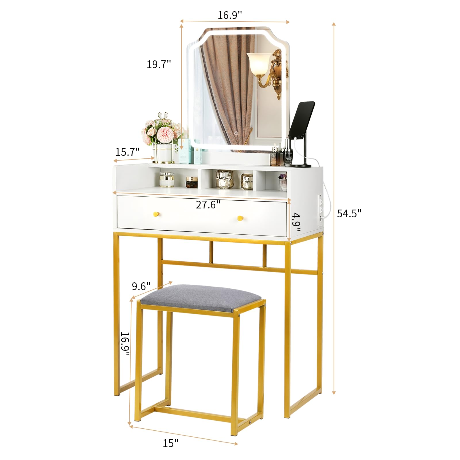 VOWNER Makeup Vanity Desk with Lighted Mirror, 3 Color Dimmable Vanity Table Set for Bedroom with Power Outlet, Drawer & Cushioned Stool, White, VOWNER-171