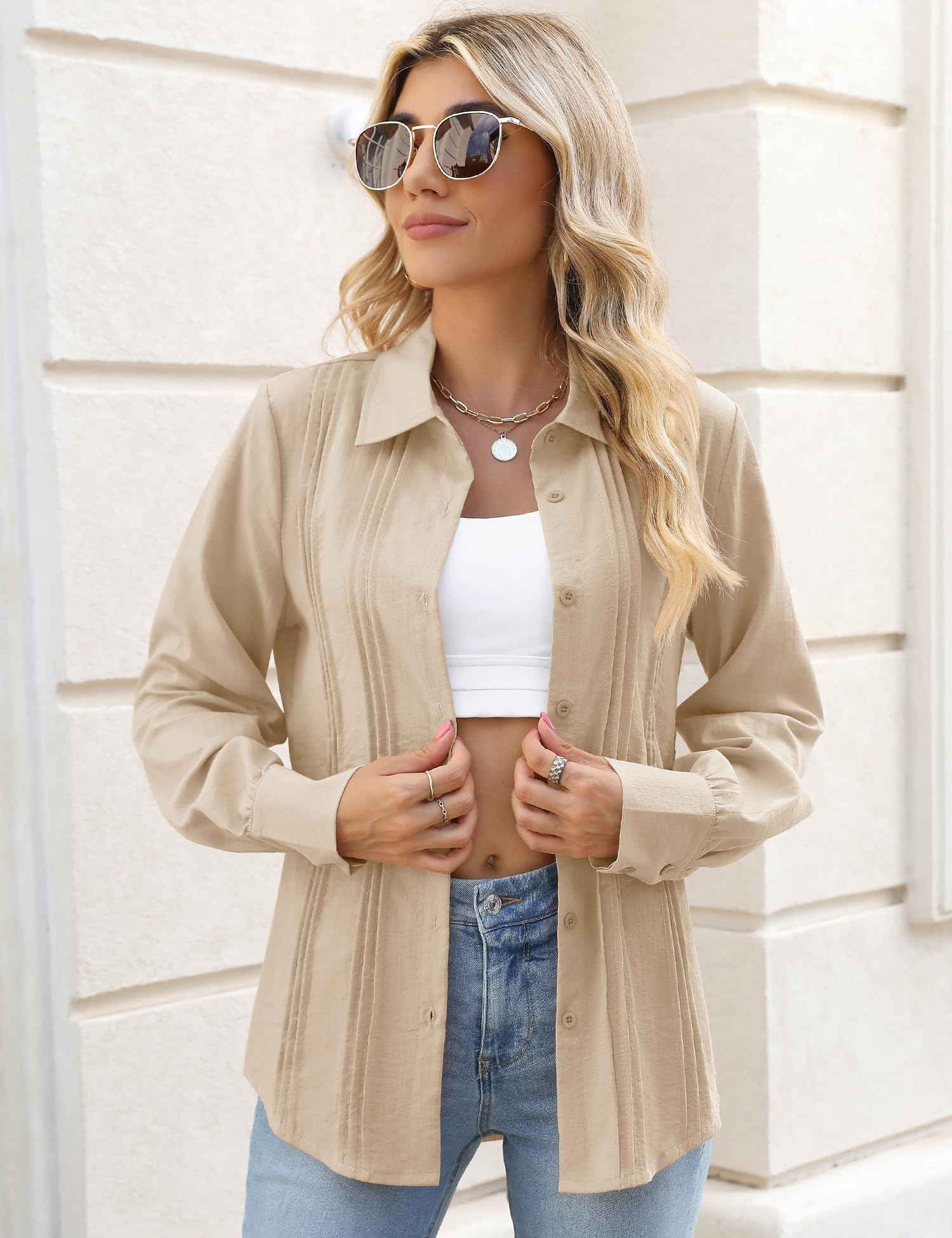 VVK Button down Tops for Women Long Sleeve Business Linen Shirts Casual Collared Blouses Office Blusas Camisas para Mujer Khaki Medium