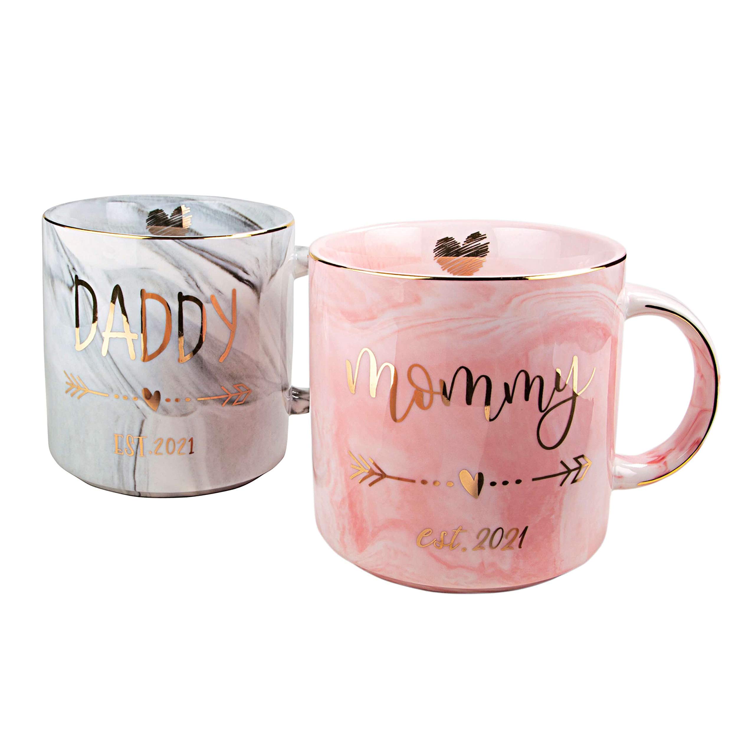 VILIGHT Gifts for New Mom and Dad 2021 - Mommy and Daddy est 2021 - First Time Parents Mugs - Marble Ceramic Cup 11.5 Oz
