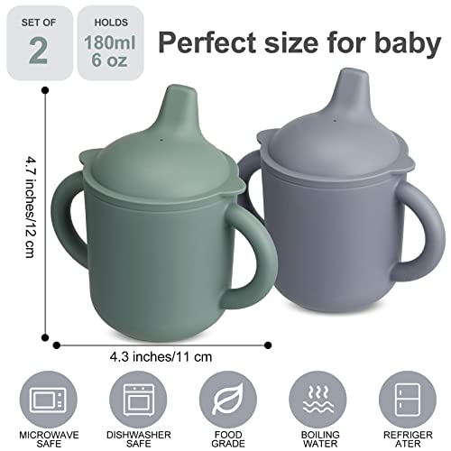 Yaomiao Silicone Sippy Cup Training Cup for Baby over 6 Months Spill Proof Soft Sprout and Handles Lid Baby Cup for 6-12 Months Babies Toddlers Infants, 6 Oz/ 180 ml(Blue, Light Gray)