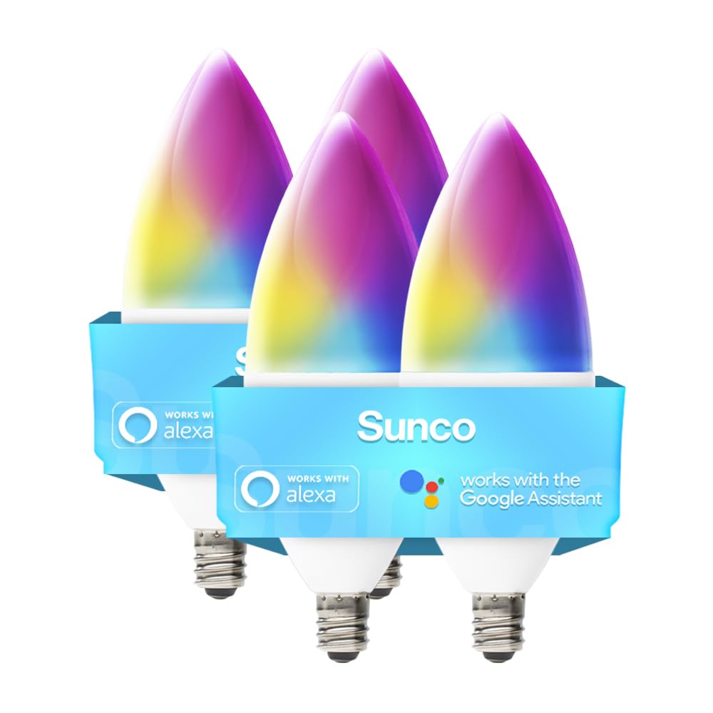 Sunco 4 Pack WiFi LED Smart Bulb, B11 Candelabra, 4.5W, E12 Base, Color Changing (RGB & CCT), Dimmable, Compatible with Amazon Alexa & Google Assistant - No Hub Required