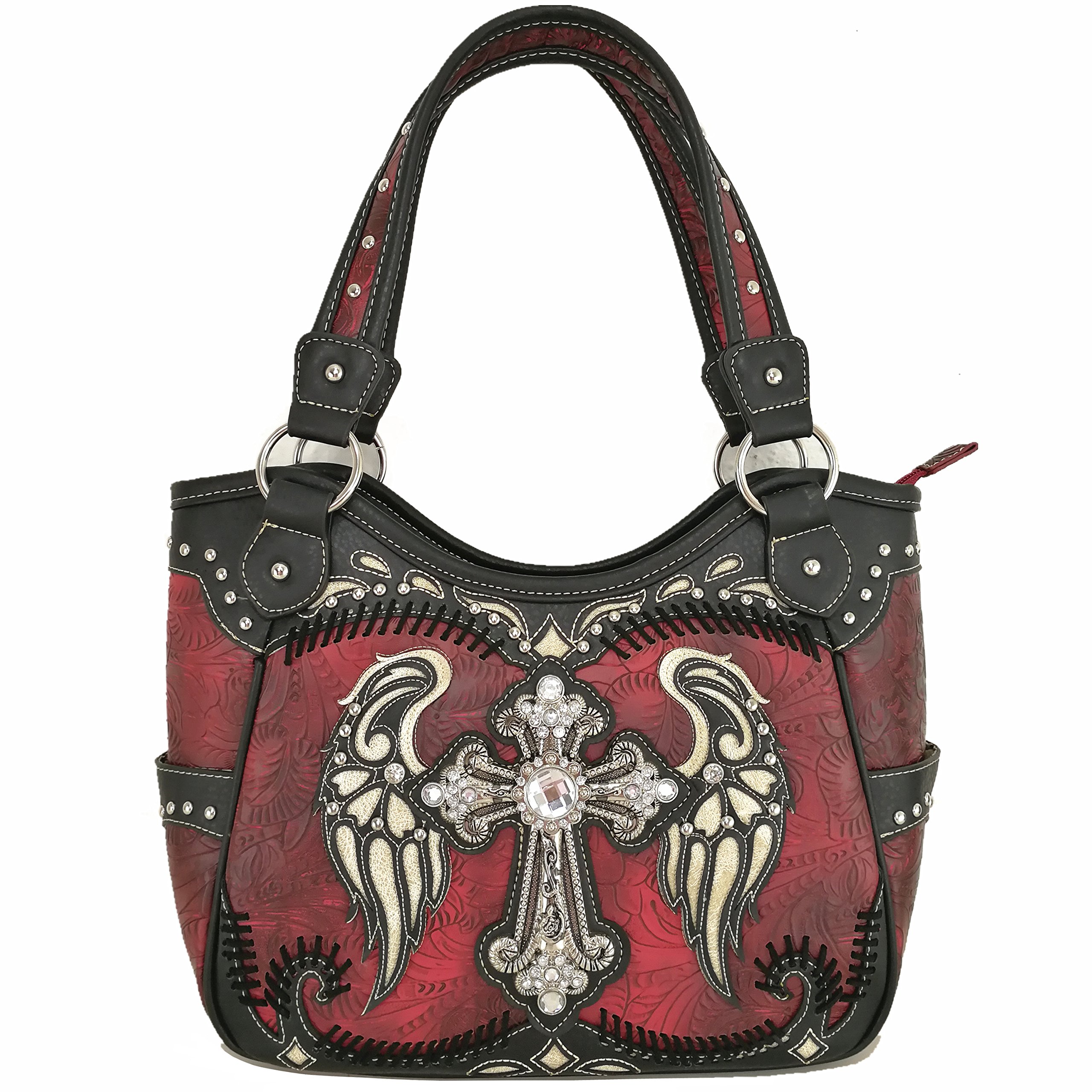 Western Rhinestone Cross Laser Cut Wings Tote Concealed Carry Purse Handbag Women Shoulder Bag Wallet Set (Red Set)