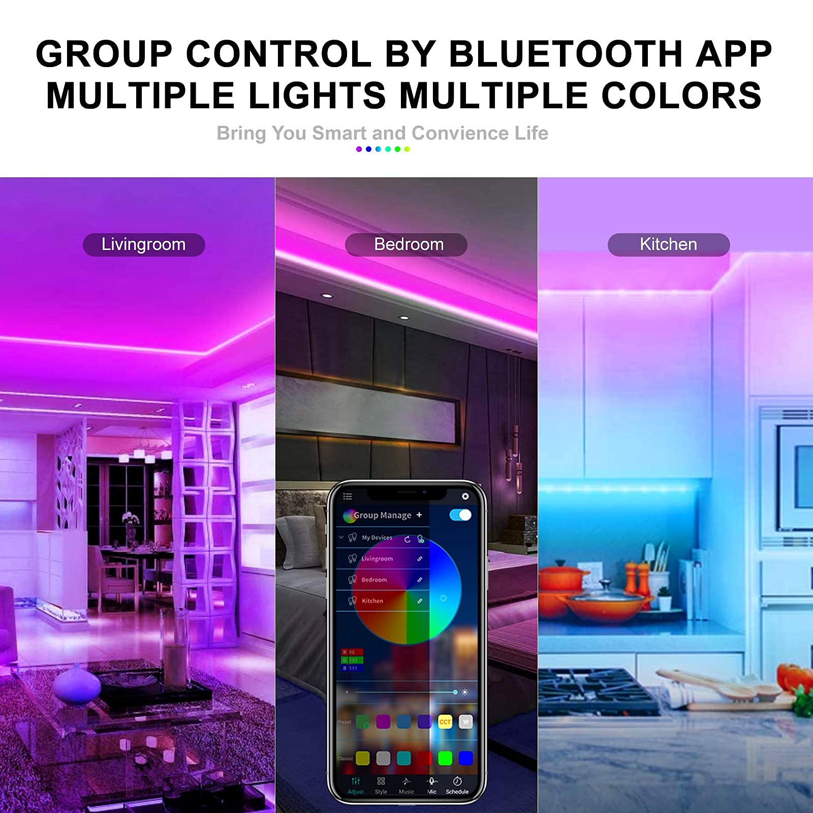 ZHT Bluetooth LED Strip Lights 32.8ft/10M App Control, Sync with Music RGB Color Changing Strip Light for Bedroom Ceiling Kitchen & TV, Rope Light 300pcs Led Waterproof IPX65, Safety Use.