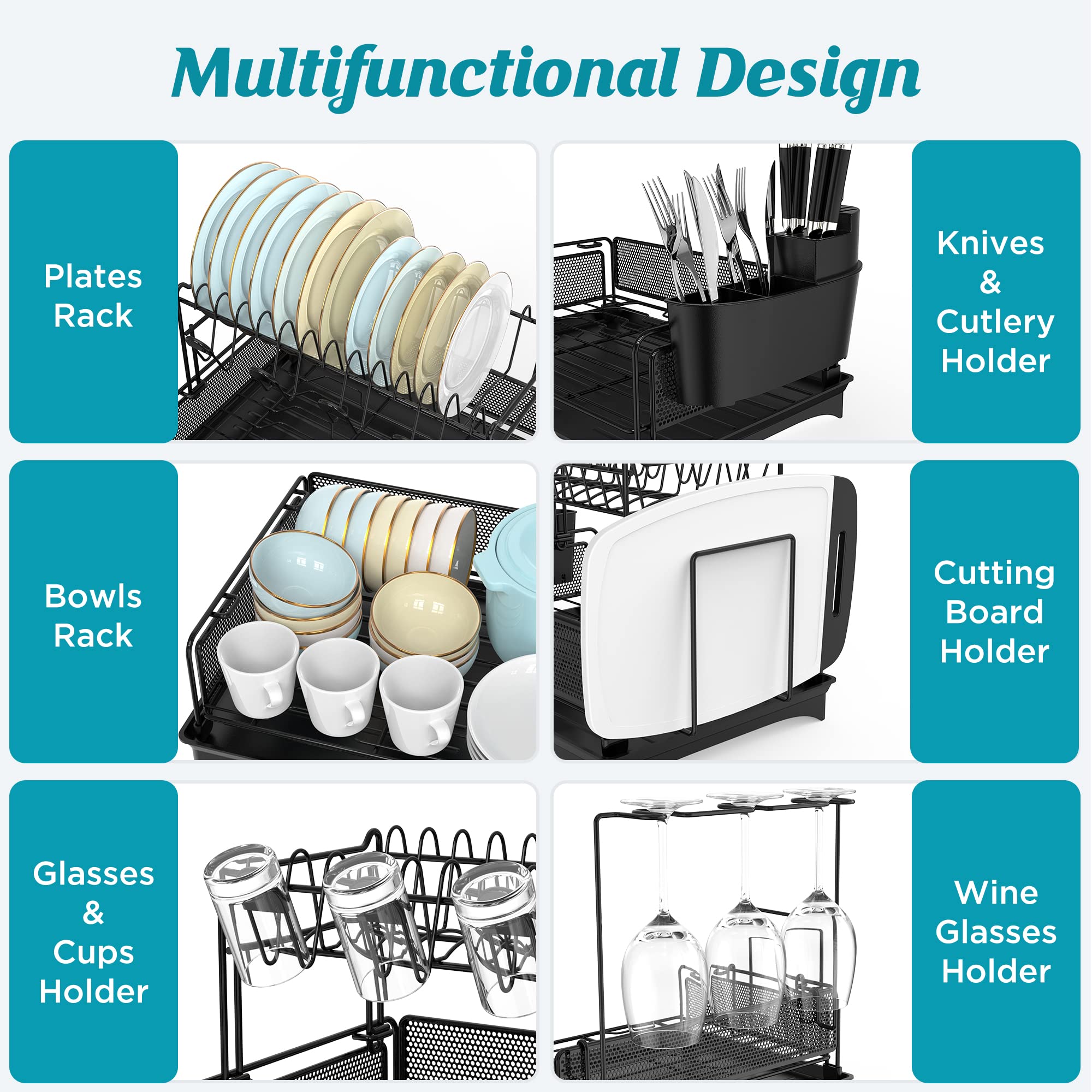 Wahopy Extra Large Dish Drying Rack - 2 Tier Dish Drying Rack with Drainboard for Kitchen Counter, Stainless Steel Dish Drying Rack with Cups, Forks, Knives, Utensil Holder