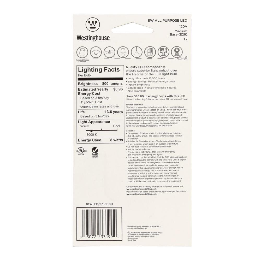 Westinghouse 3319920 60-Watt Equivalent T7 Bright White LED Light Bulb with Medium Base, Frost, 4 Count (Pack of 1)