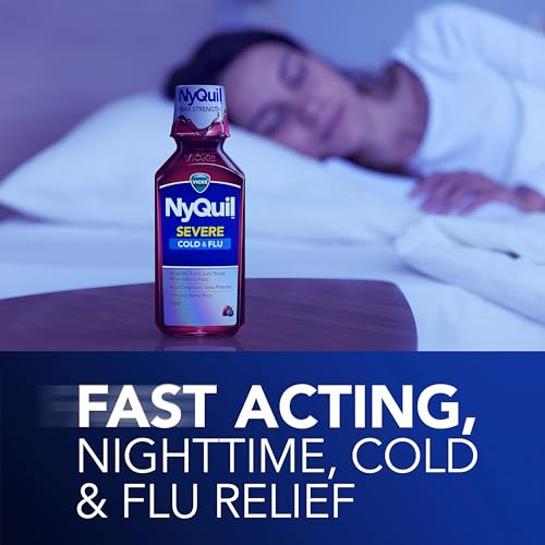 Vicks NyQuil SEVERE Cold and Flu Relief Liquid Berry Flavored Medicine, Maximum Strength, 9-Symptom Nighttime Relief For Fever, Sore Throat, Nasal Congestion, Sinus Pressure, Sneezing, Cough, 12 FL OZ