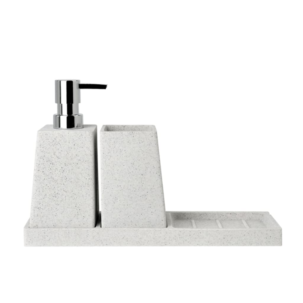 UTOYA Durable Geometry Bathroom Accessories Set Grey,Deluxe 3Pcs Sandstone Bath Vanity Counter Decor-Soap Pump Dispenser,Toothbrush Holder,Tray Replacement