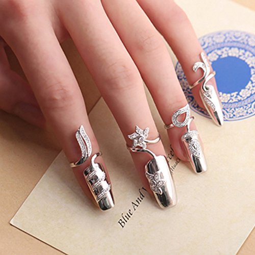 ZZ Lighting Creative Finger Tip Ring Sterling Silver Fingernail Ring Exquisite Nail Art Charms Fashion Accessories Nail Decoration Sterling Silver Nail Ring (A+B+C+D)