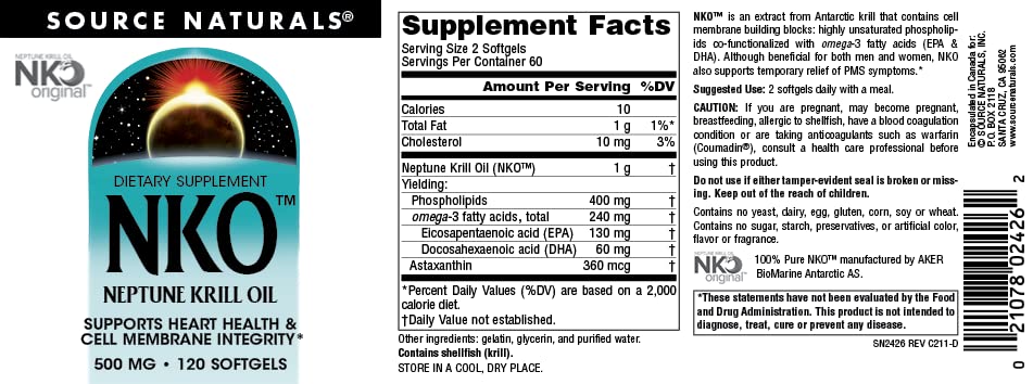 Source Naturals NKO Neptune Krill Oi, Supports Heart Health and Cell Membrane Integrity*, 500mg - 120 Softgels