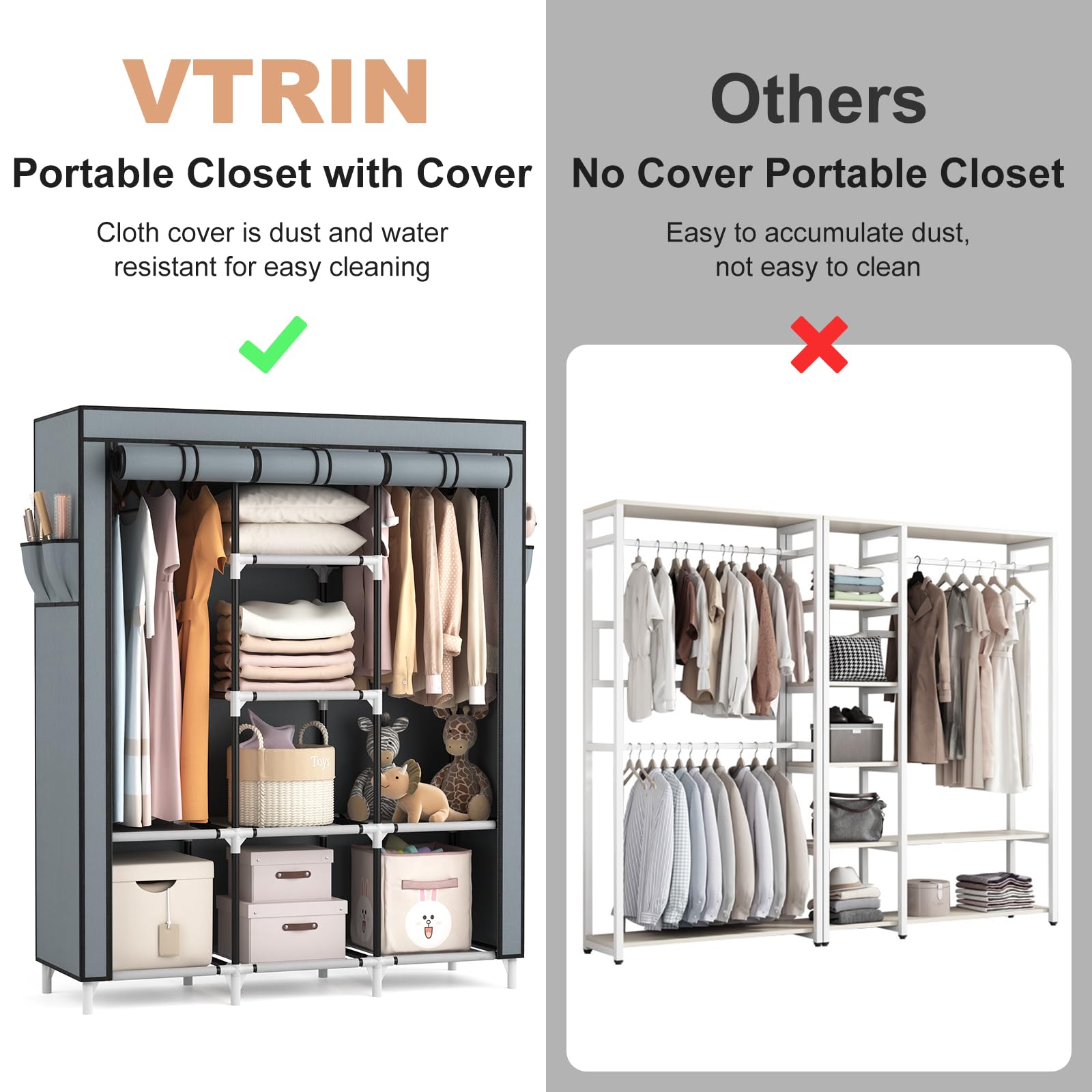 VTRIN Portable Closet Wardrobe for Hanging Clothes with 2 Hanging Rods and 8 Storage Organizer Shelves,Sturdy Large Wardrobe Closet for Bedroom Free Standing Clothes Rack with Cover,Grey