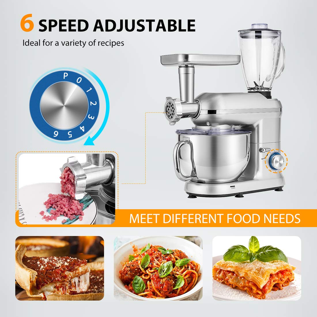 VIVOHOME 3 in 1 Multifunctional Stand Mixer with 6 Quart Stainless Steel Bowl, 650W 6 Speed Tilt-Head Meat Grinder, Juice Blender, Red