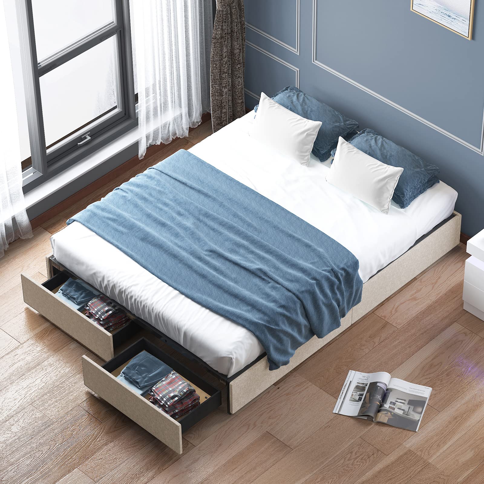ZAFLY Cal King Size Bed Frame with Storage Drawers, Wood Slat Support Bed Frame, Linen Fabric Upholstered Platform Bed, Bed Frame with Large Storage Space Beige