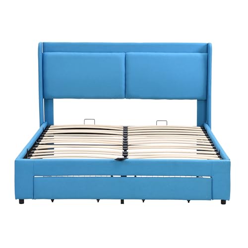 WOXYX Queen Size Platform Bed,Storage Upholstered Hydraulic Beds Frame with 2 Drawers,Blue