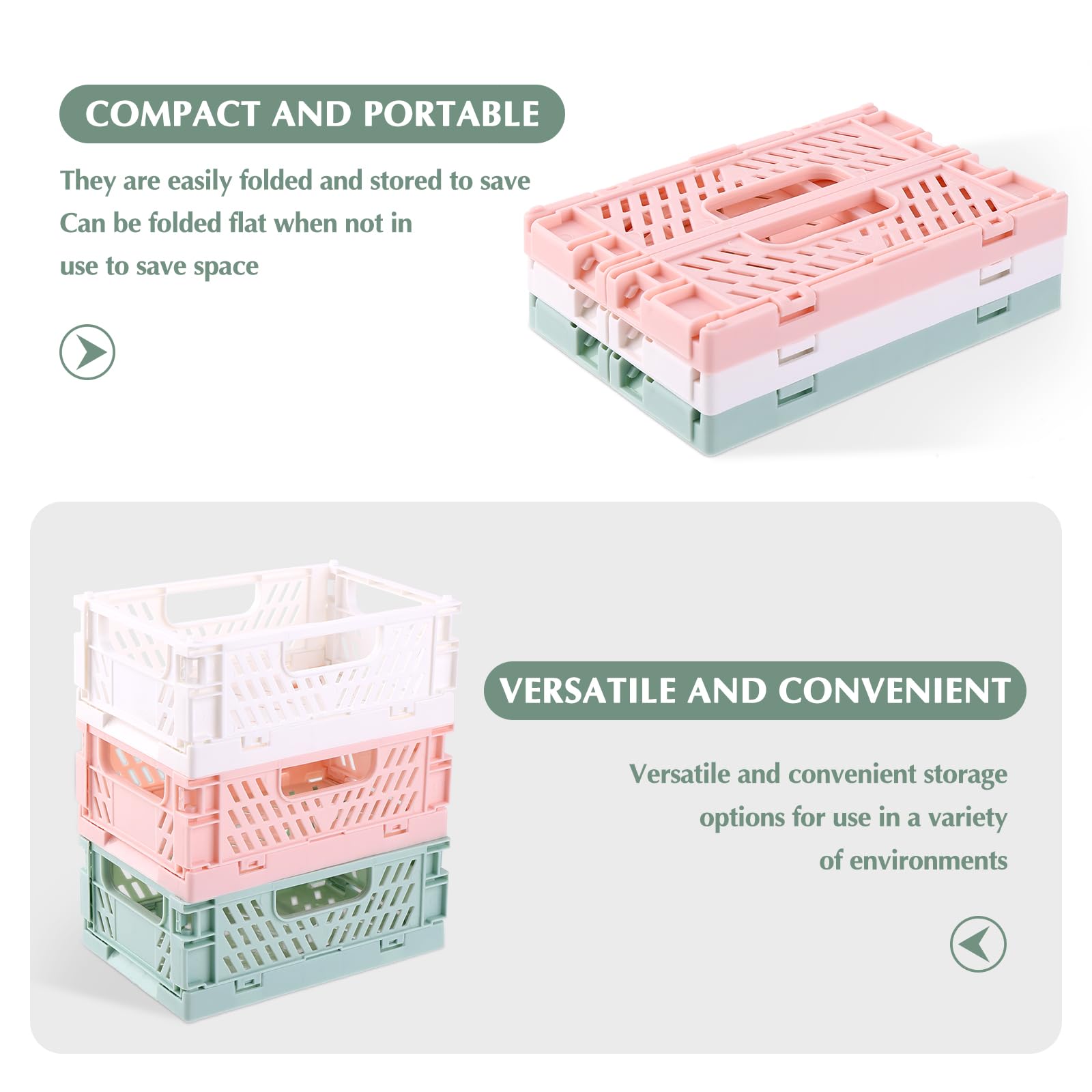 TIESOME 3 Pack Mini Plastic Baskets, Collapsible Storage Crate Pastel Crates Colorful Organizing Crates for Bedroom Office Classroom Kitchen Desktop Drawer Shelf (6 x 3.9 x 2.2in