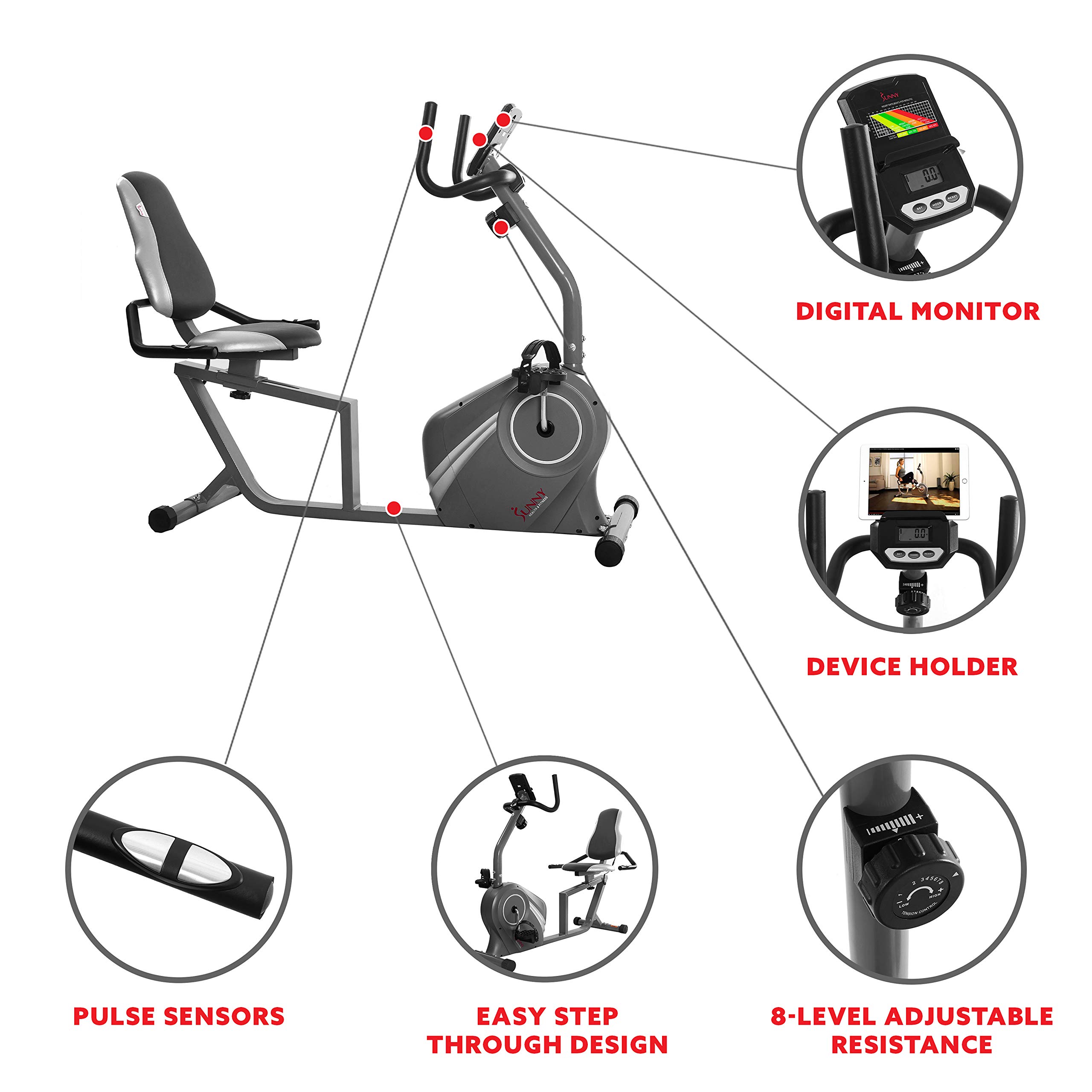 Sunny Health & Fitness Recumbent Bike - SF-RB4876, silver