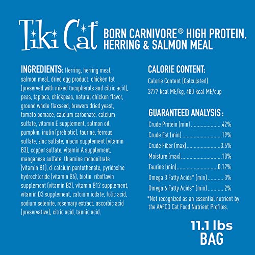 Tiki Cat Born Carnivore High Protein, Herring & Salmon Meal, Grain-Free Baked Kibble to Maximize Nutrients, Dry Cat Food, 11.1 lbs. Bag