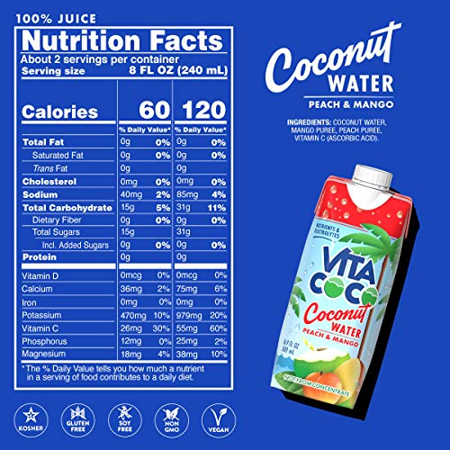 Vita Coco Coconut Water, Peach & Mango - Naturally Hydrating Electrolyte Drink - Smart Alternative to Coffee, Soda, and Sports Drinks - Gluten Free - 16.9 Fl Oz (Pack of 12)