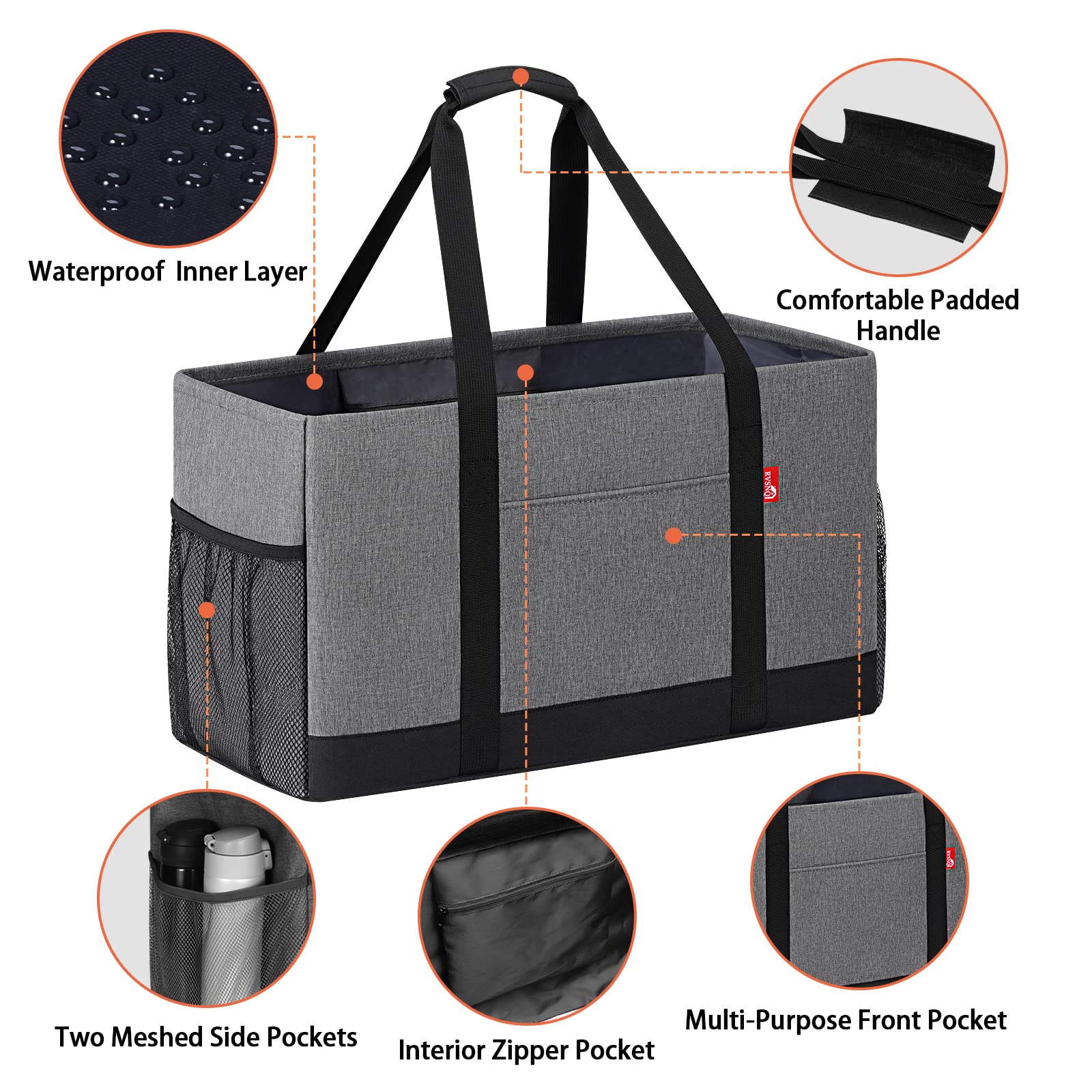 RVSNQ Extra Large Utility Tote Bag, Foldable Reusable Grocery Bags, Collapsible Tote with Metal Wire Frame & Reinforced Bottom Board, Stand up Large Utility Tote for Groceries, Shopping, Storage(Grey)