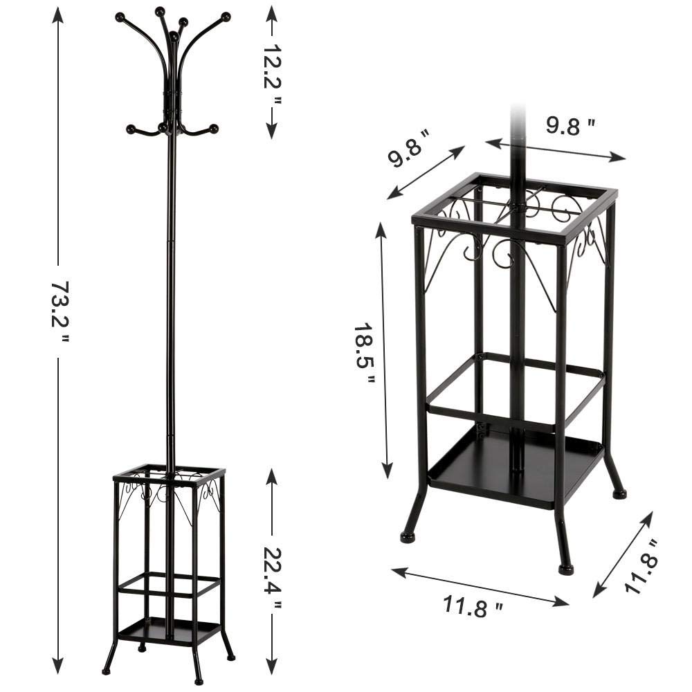 Topeakmart Free-standing Coat Hanger/Holder w/ 8 Hooks and Stand/Base Entryway Clothes Hall Tree Hat Hanger Umbrella Holder for Home/Office,Metal, Black