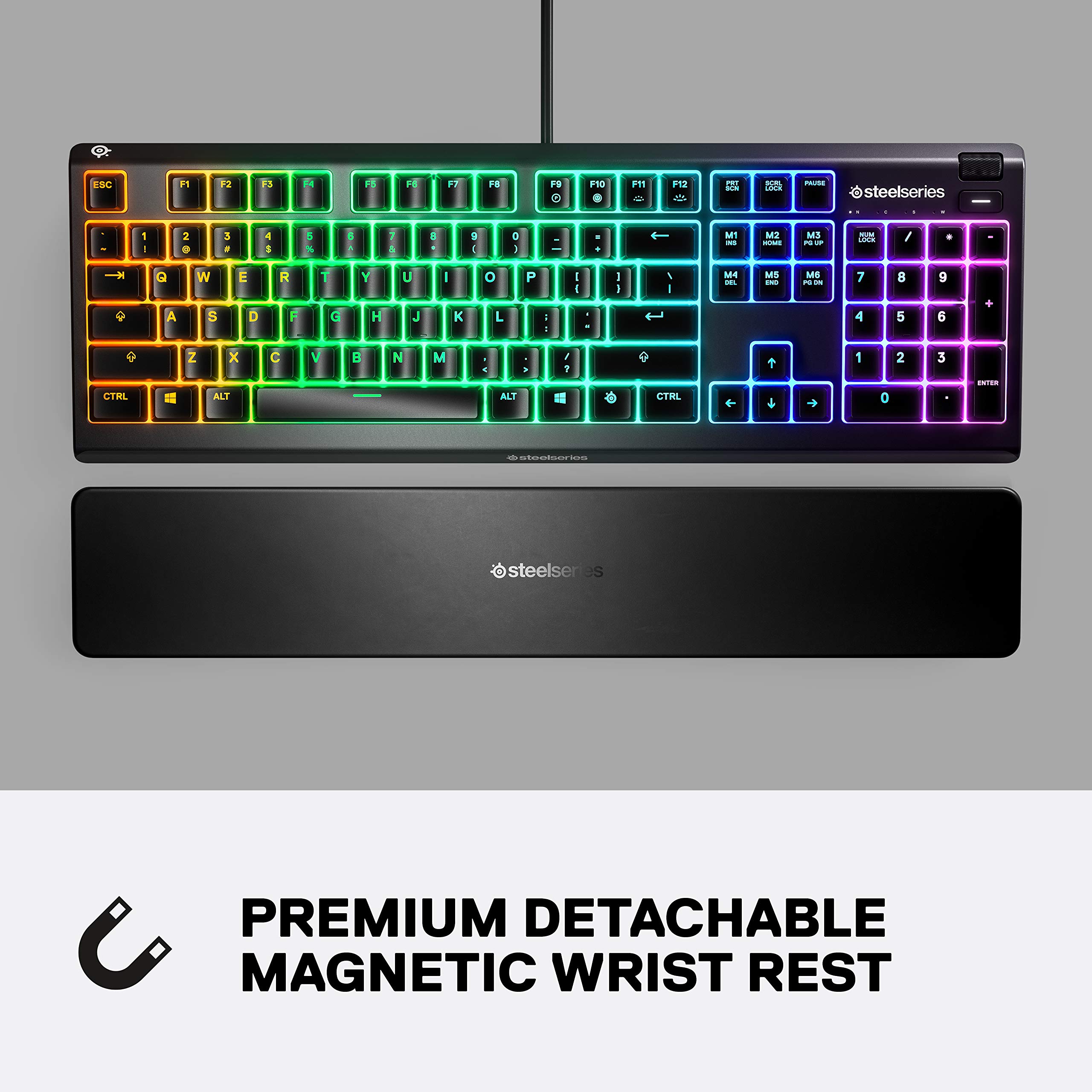 SteelSeries Apex 3 RGB Gaming Keyboard β 10-Zone RGB Illumination β IP32 Water Resistant β Premium Magnetic Wrist Rest (Whisper Quiet Gaming Switch) (Renewed)