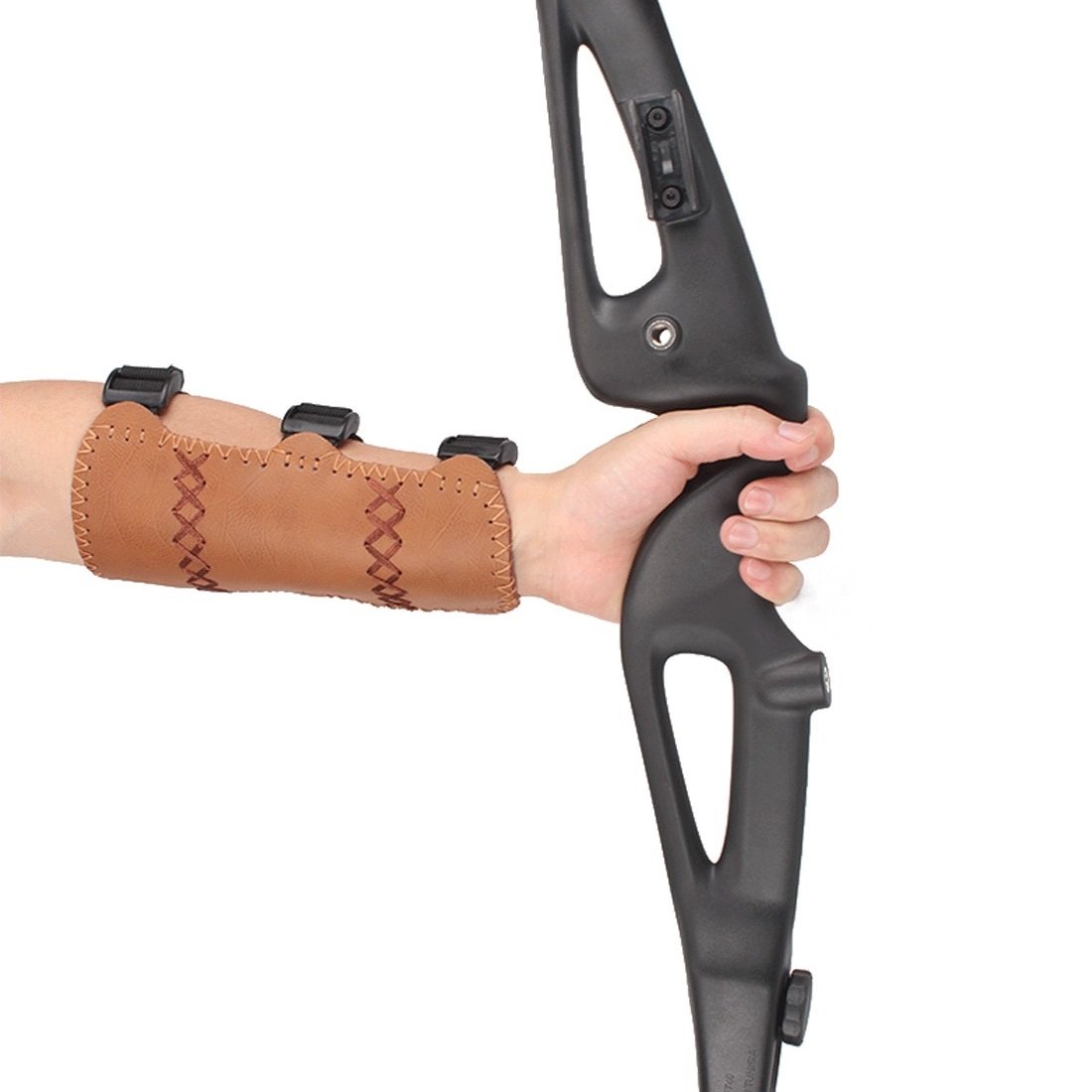 XTACER Finger Protector & Arm Guard 3-Strap Ventilated Arm Guard with Three Fingers Design for Archery (L for Men or Women, Brown)